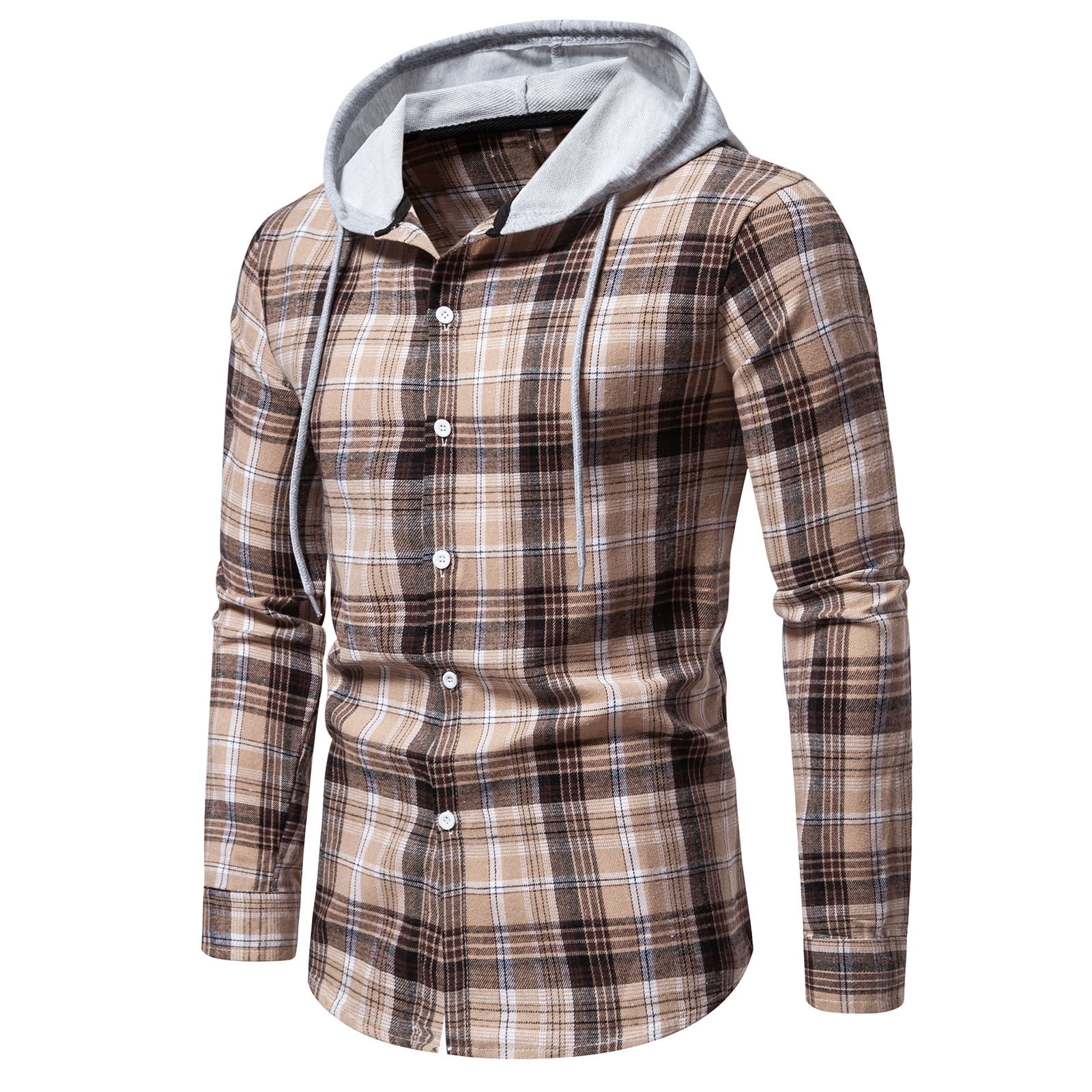 TMOYZQ Men's Classic Plaid Drawstring Hoodie Jacket Long Sleeve Button ...