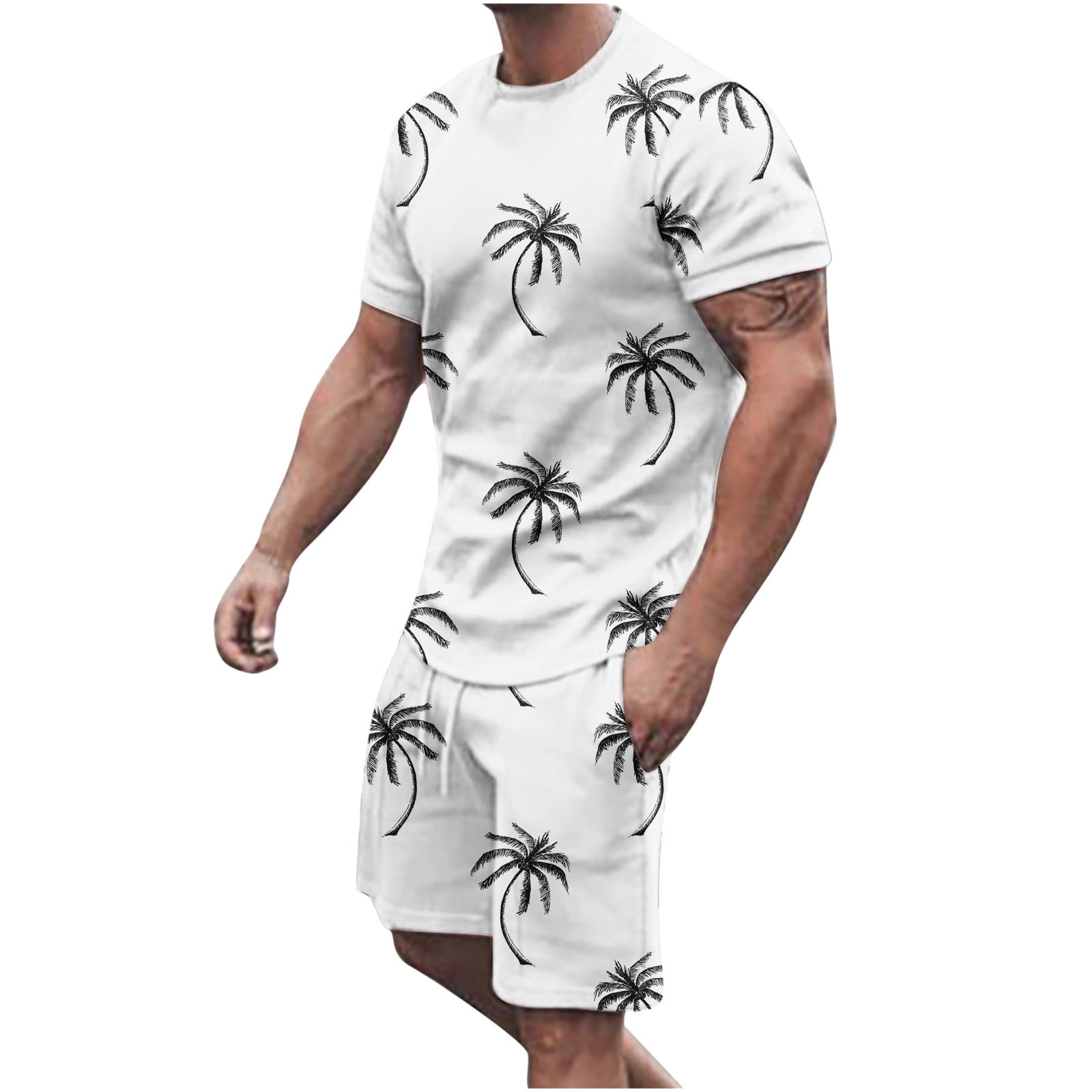 Tmoyzq Mens Hawaiian Matching Set Summer Beach Vacation 2 Piece Sweat