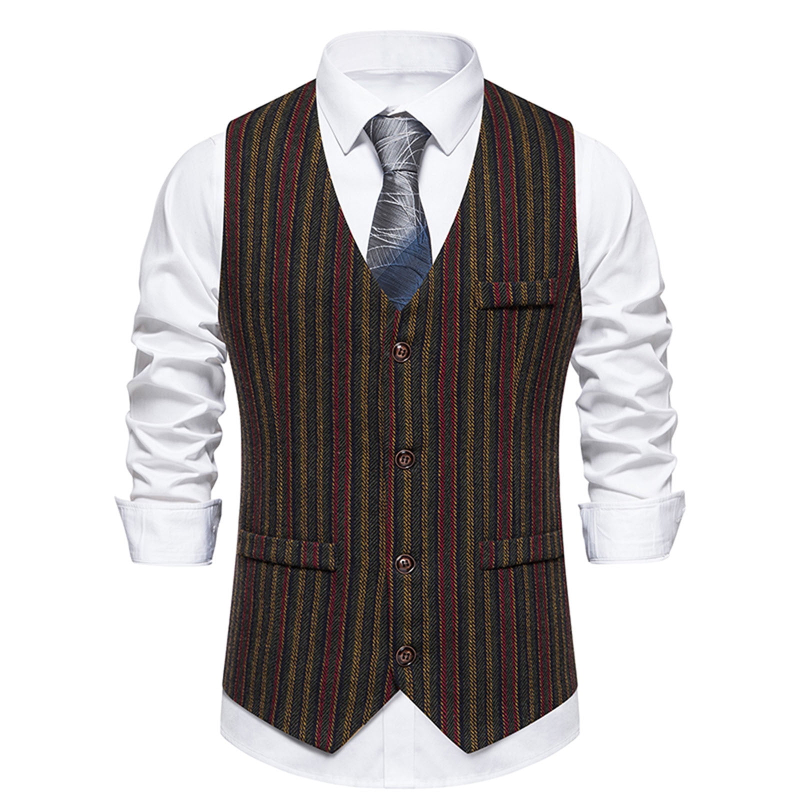 TMOYZQ Men's Retro Stripe Herringbone Tweed Wool Formal Suit Vest ...
