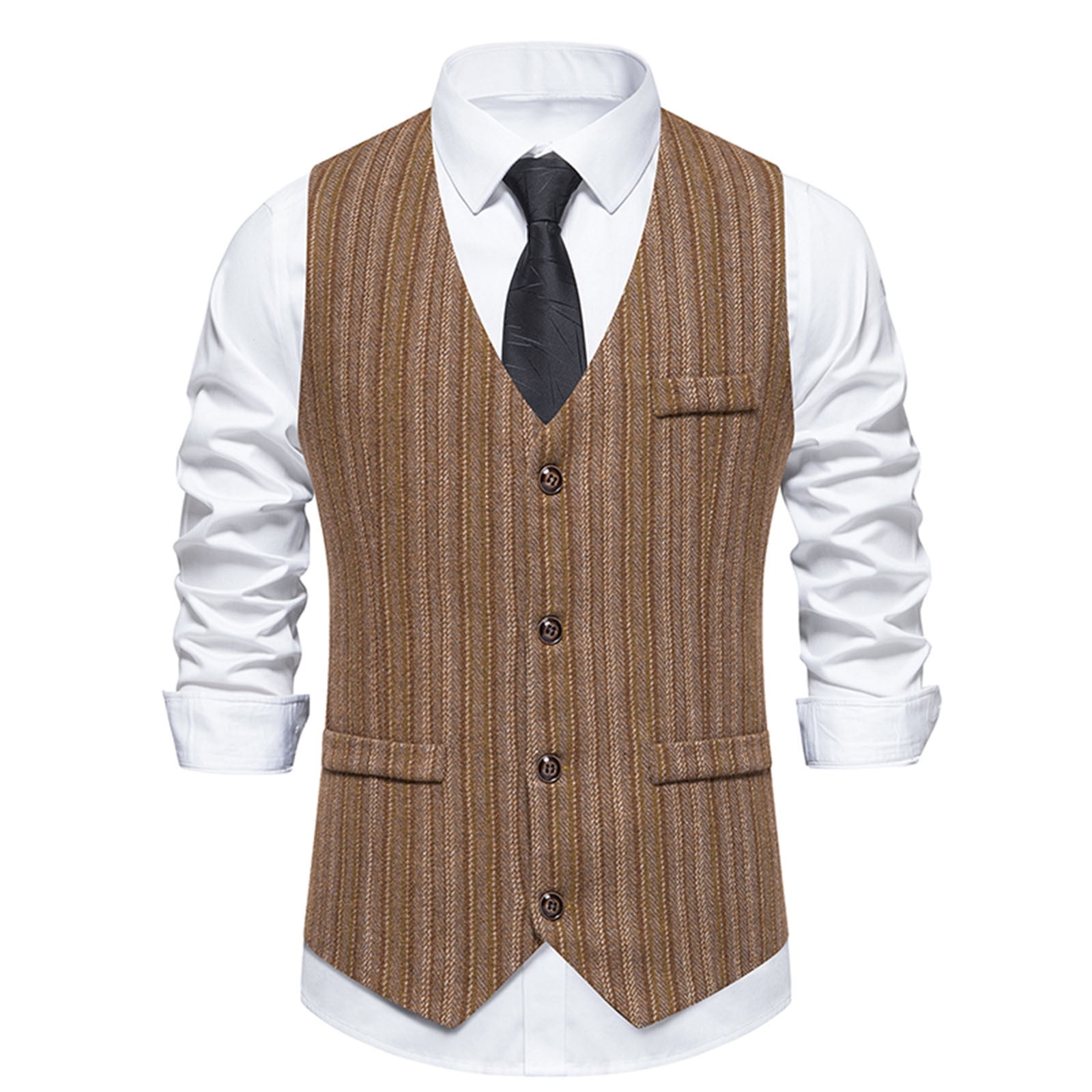 TMOYZQ Men's Retro Stripe Herringbone Tweed Wool Formal Suit Vest ...