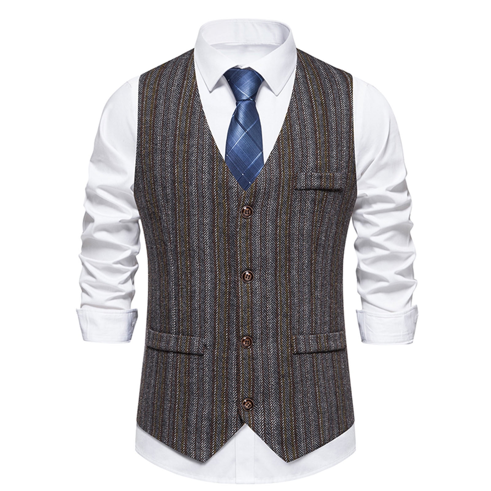 TMOYZQ Men's Retro Stripe Herringbone Tweed Wool Formal Suit Vest ...