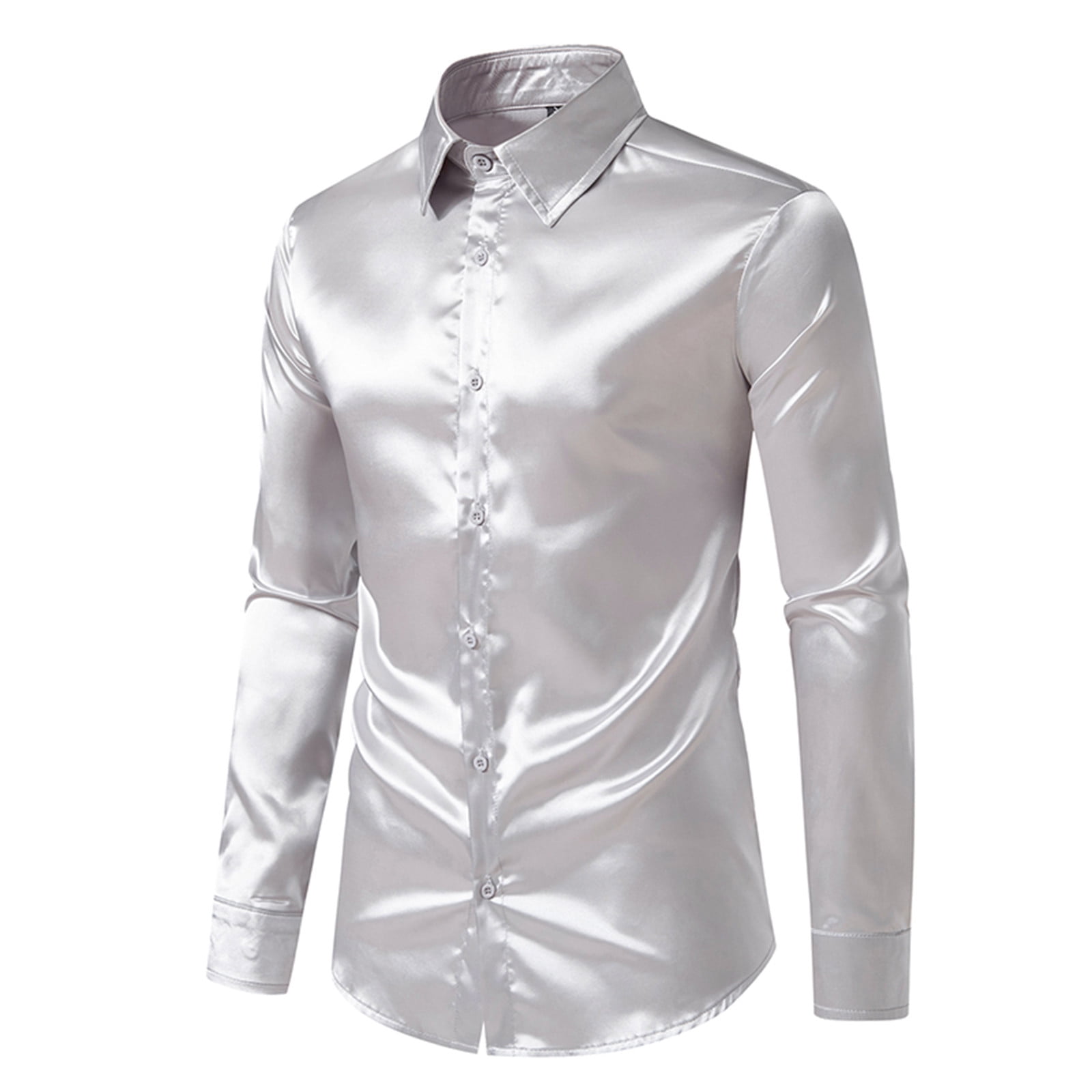 TMOYZQ Men's Silk Satin Luxury Dress Shirt Casual Dance Party Long ...