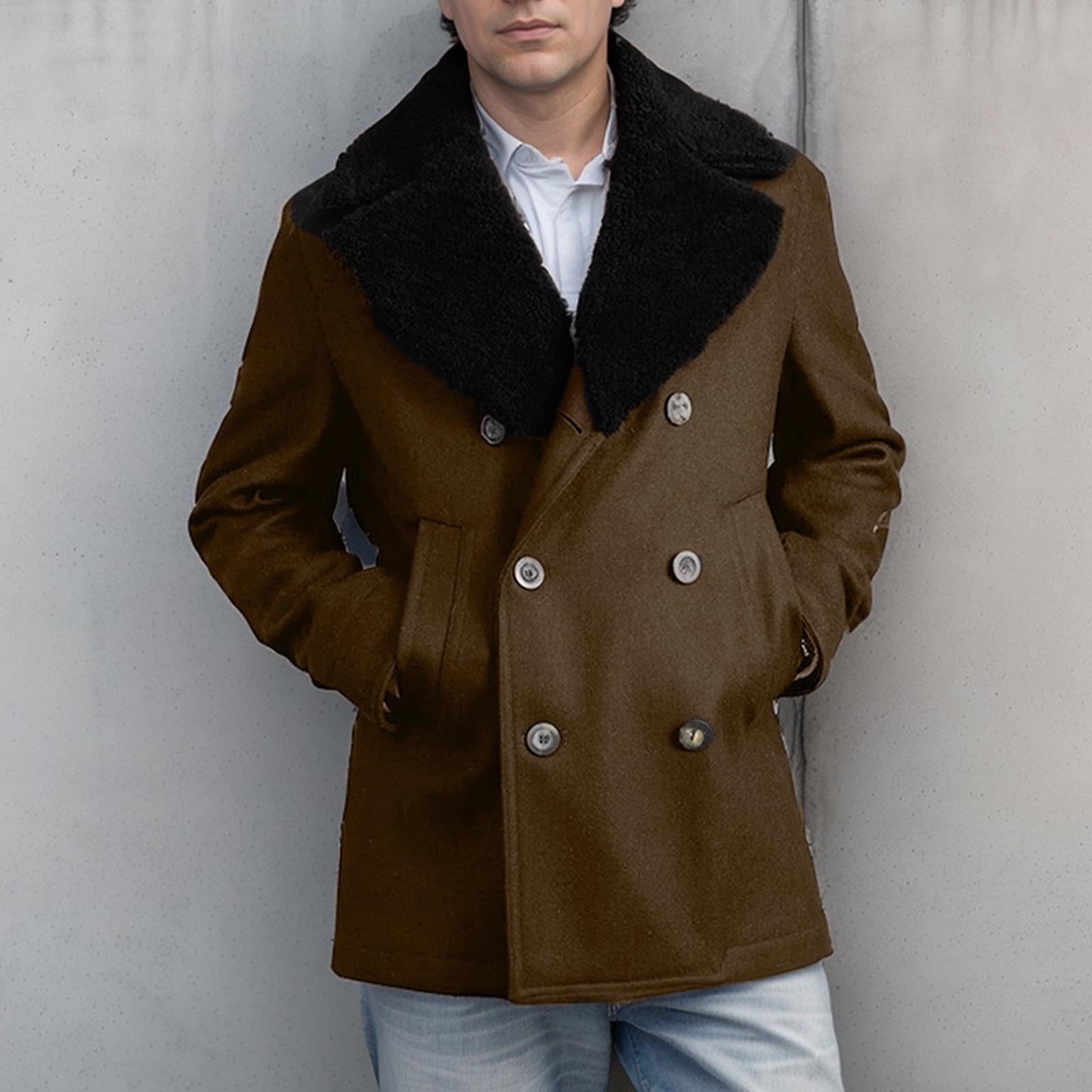 TMOYZQ Mens Trench Coat Removable Faux Fur Collar Pea Coat Fashion Wool ...