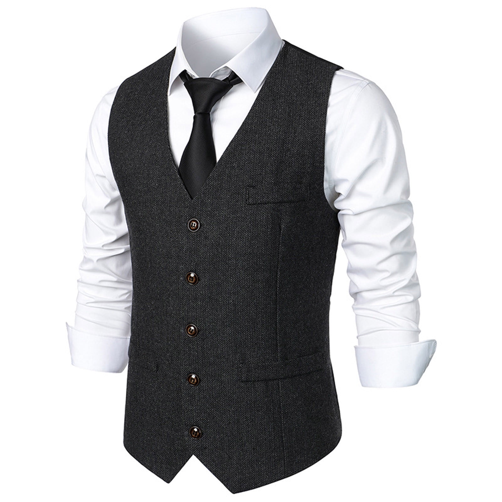TMOYZQ Mens Vintage Herringbone Wool Tweed Suit Vest Business Casual V ...