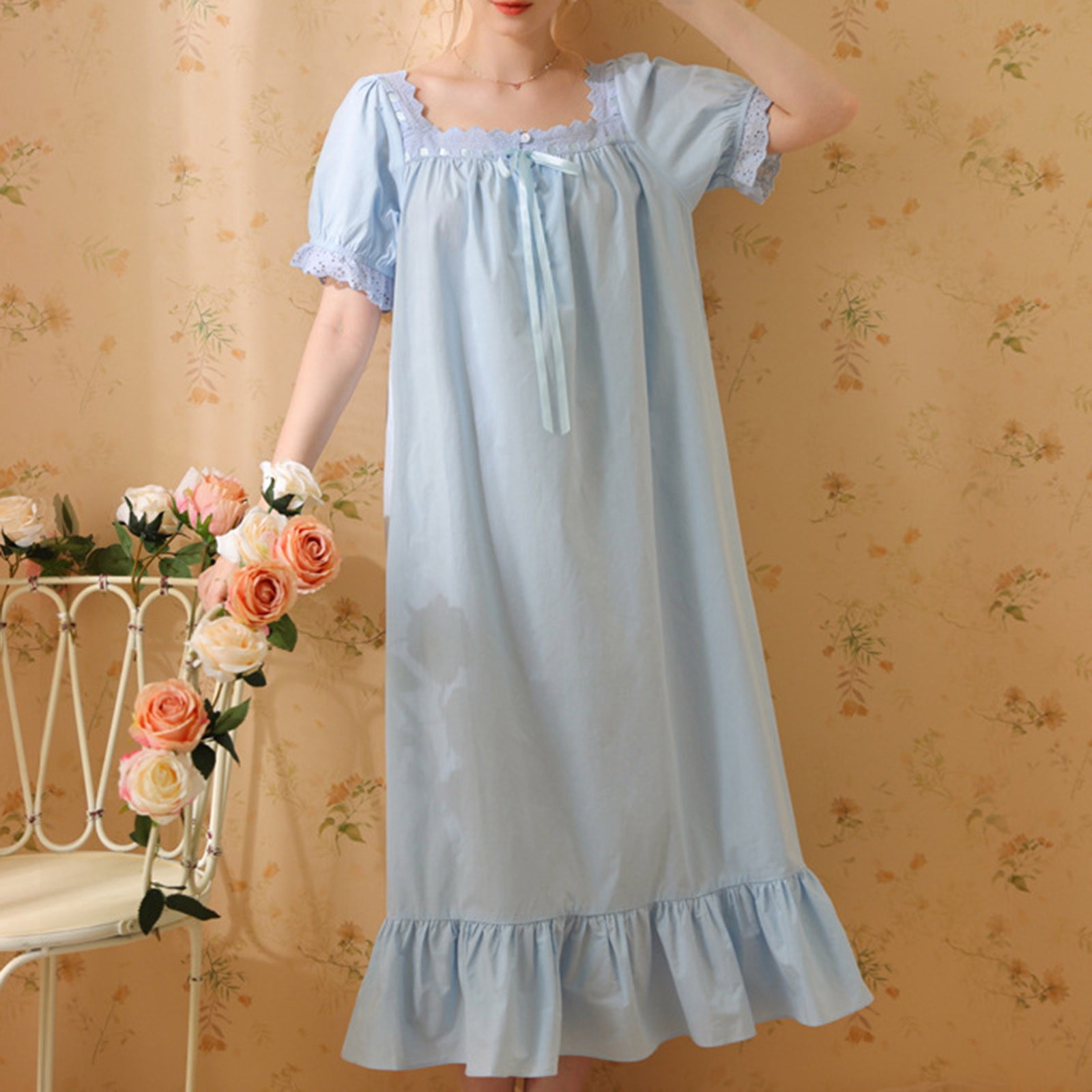 TMOYZQ Nightgowns for Women Cotton Sleepshirts Ruffle Nightgown Short ...