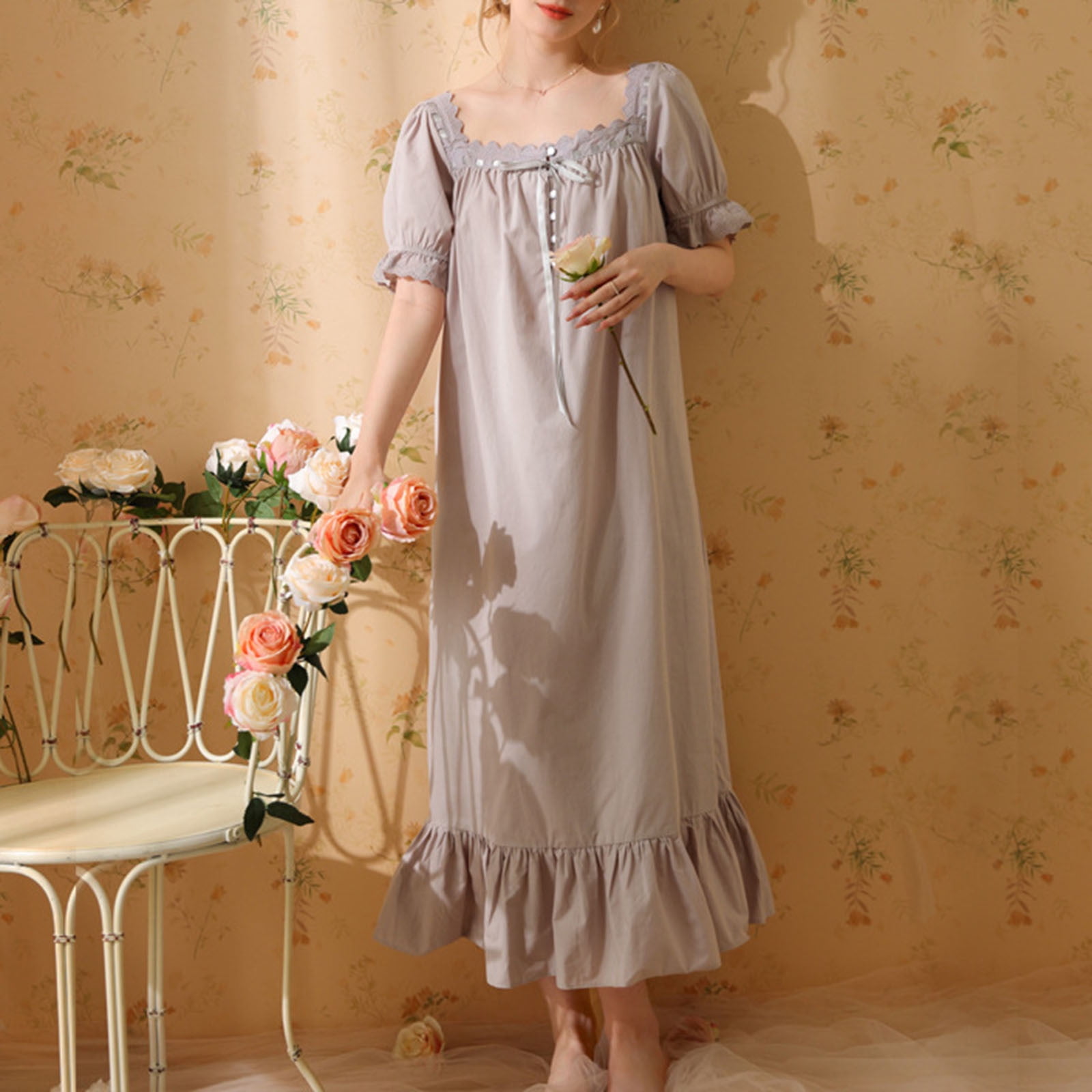 TMOYZQ Nightgowns for Women Cotton Sleepshirts Ruffle Nightgown Short ...