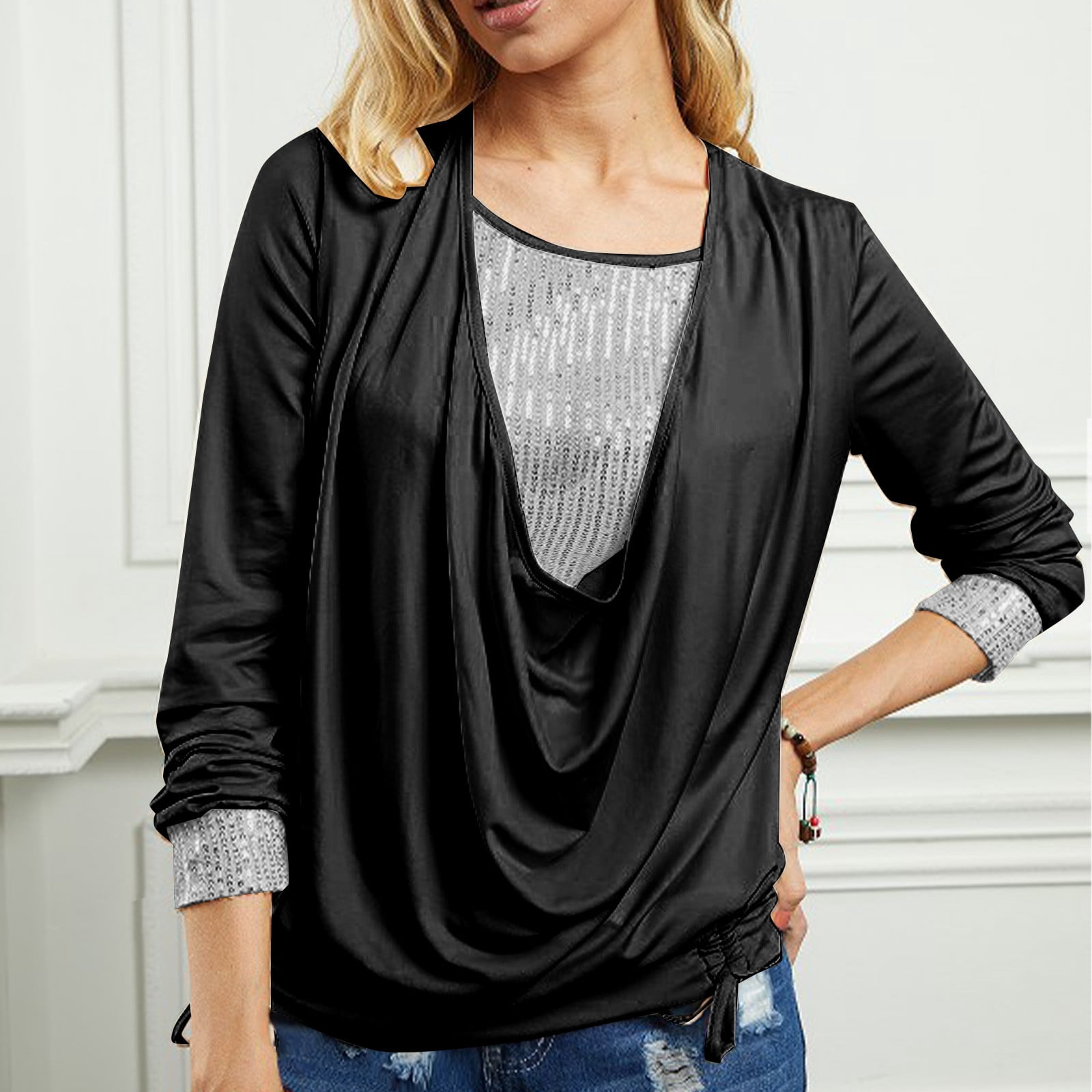 TMOYZQ Oversized Sequin Tops for Women Fake 2 Piece Sparkly Draped ...