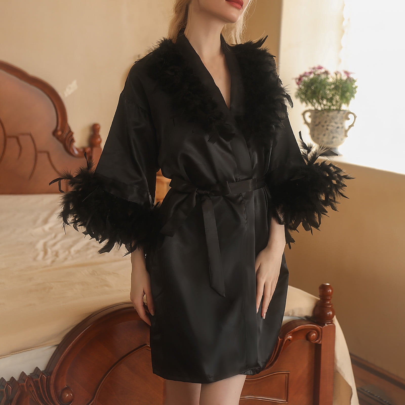 TMOYZQ Robes for Women Fuzzy Trim Long Sleeve Sleepwear Pajama Night ...