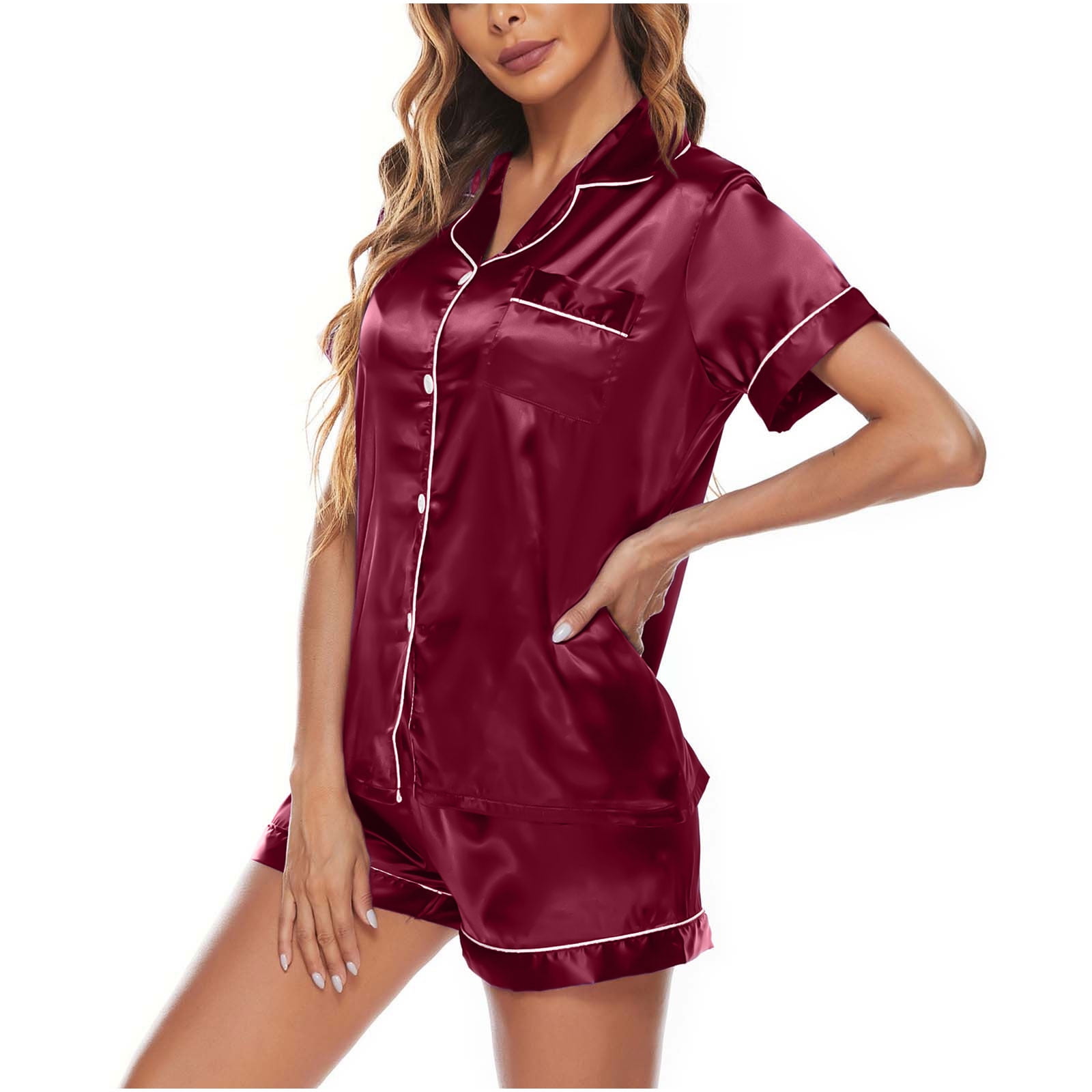TMOYZQ Silk Pajamas for Women Short Sleeve Button Down Shirt and Shorts ...
