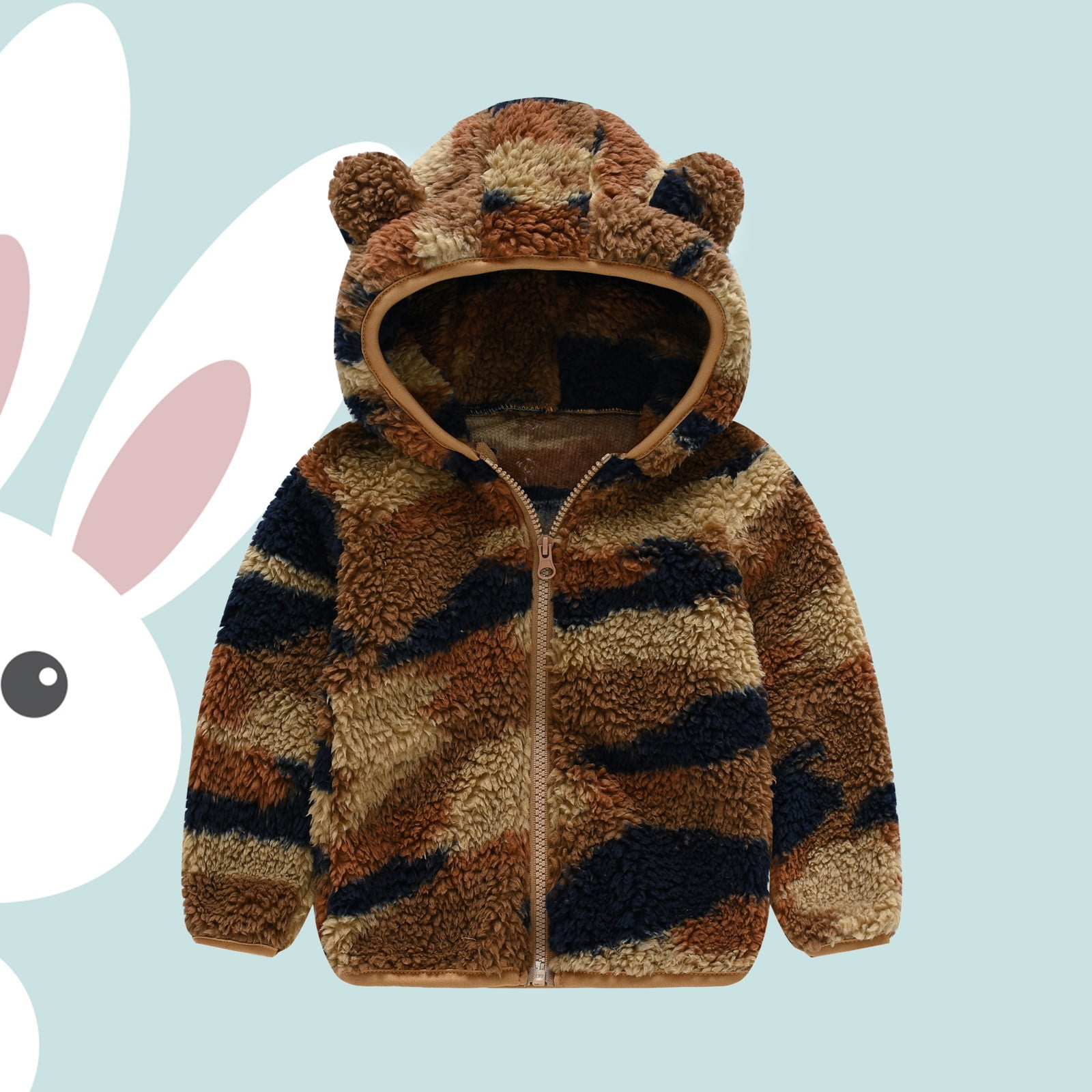 TMOYZQ Toddler Boys Girls Stripe Camouflage Plush Bear Ears Zip Up Hoodie Fleece Outwear Winter ...