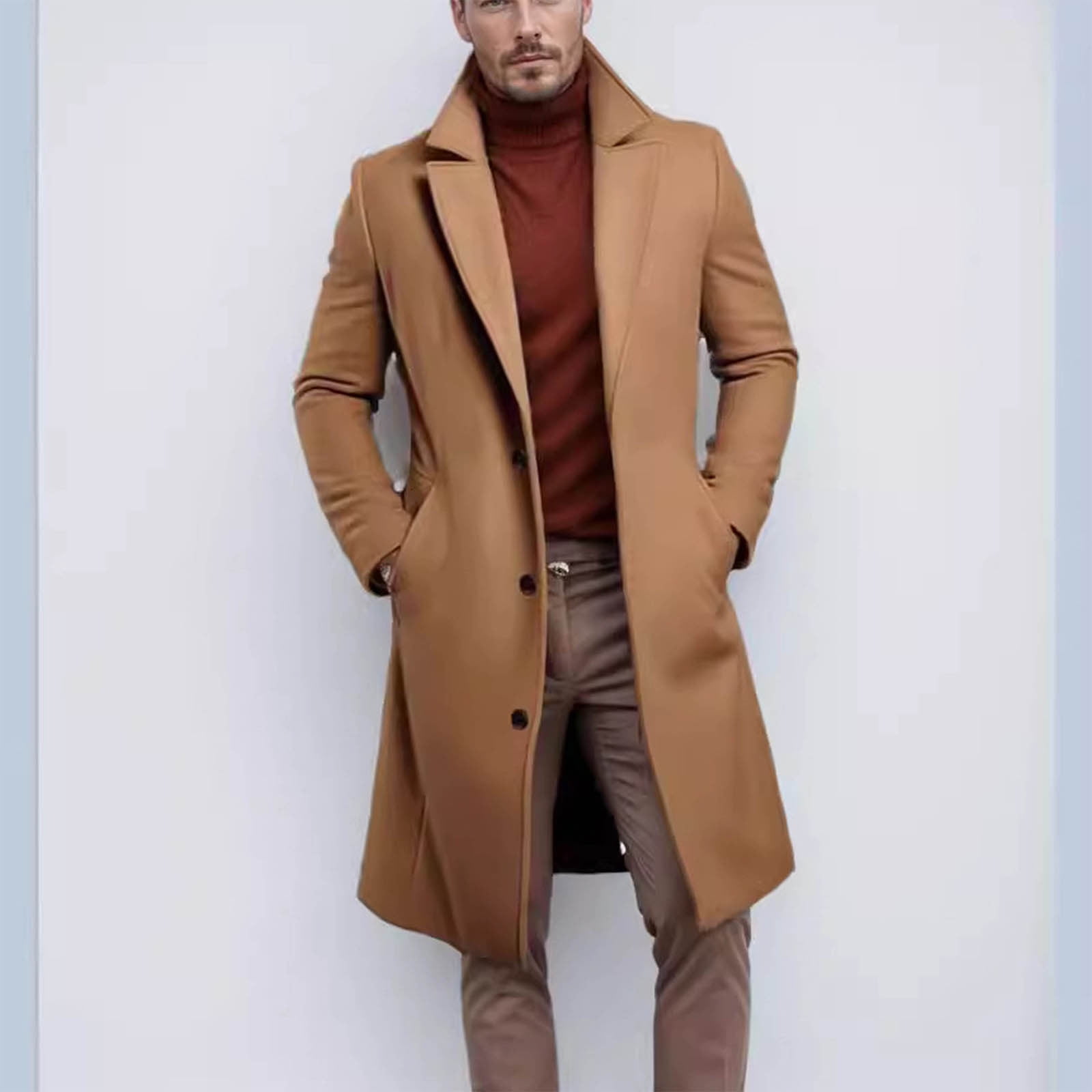 TMOYZQ Trench Coat Men Casual Single Breasted Wool Blend Long Overcoat ...