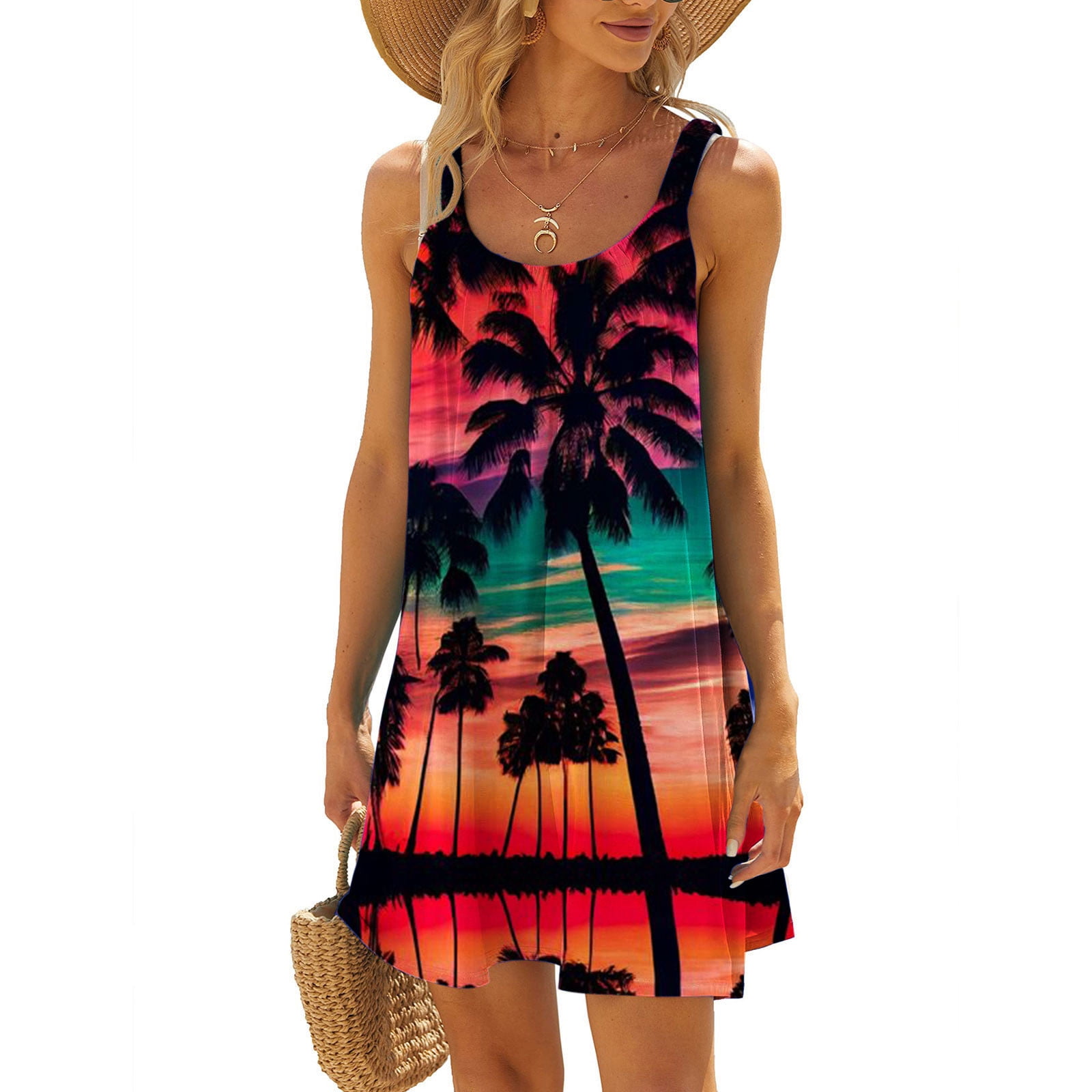 TMOYZQ Women's 2024 Beach Cover Ups, Casual Swing Tank Dress Sleeveless ...