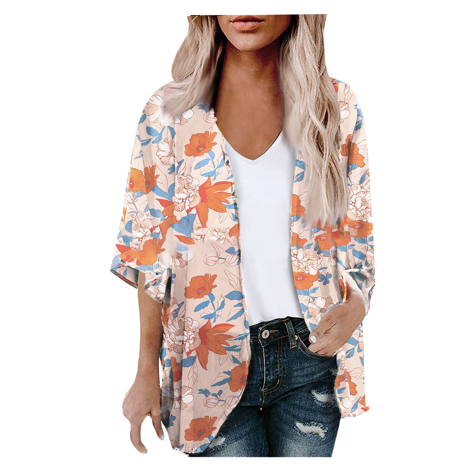 TMOYZQ Women's 3/4 Sleeve Beach Cover Ups Lightweight Chiffon Open ...