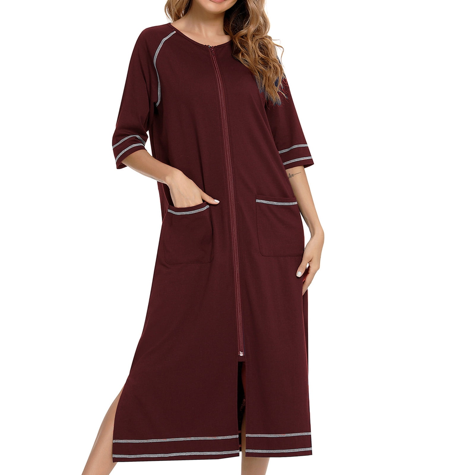 TMOYZQ Women's 3/4 Sleeve Full Length Nightshirt Round Neck Zip Up ...