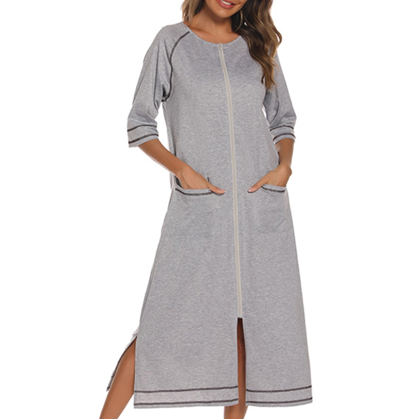 TMOYZQ Women's 3/4 Sleeve Full Length Nightshirt Round Neck Zip Up ...