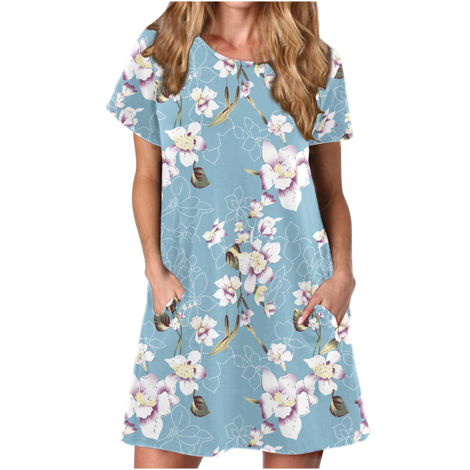 TMOYZQ Women's Basic Tunic T-Shirt Dress Short Sleeve Round Neck Swing ...