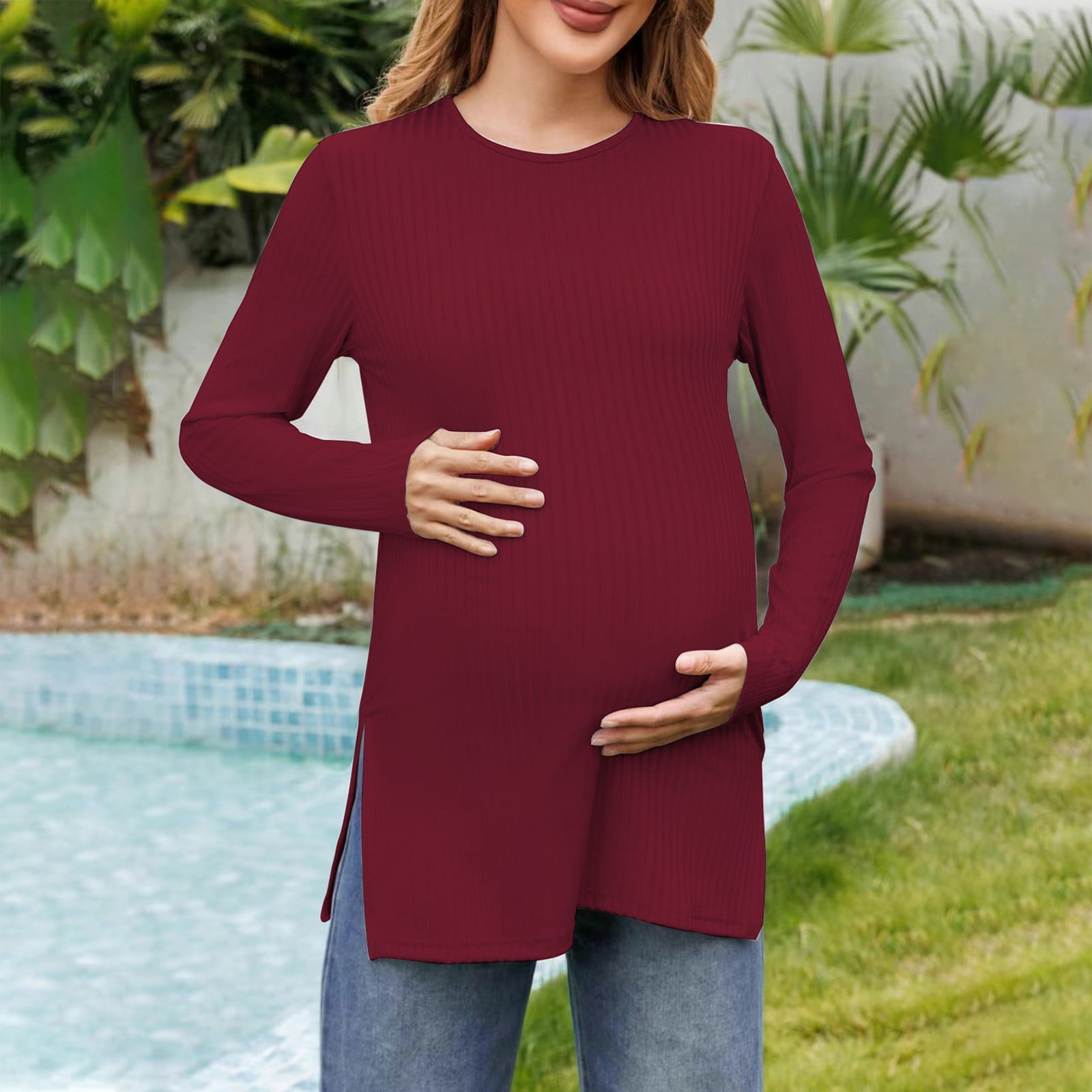 TMOYZQ Women’s Crewneck Maternity Shirts Fashion Long Sleeve Split Side ...