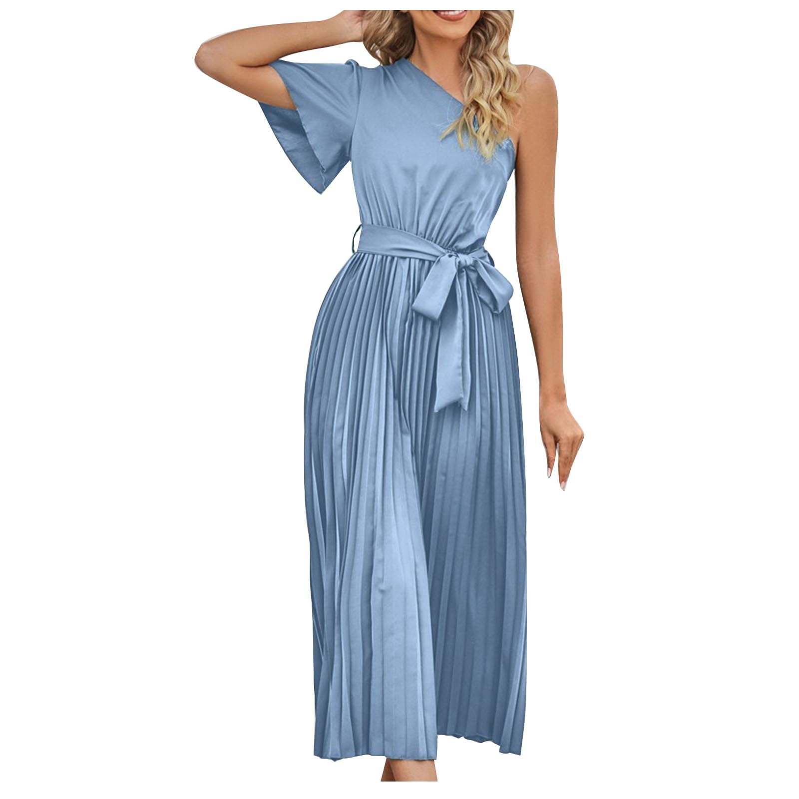 Tmoyzq Womens Elegant One Shoulder A Line Flowy Pleated Midi Dresses
