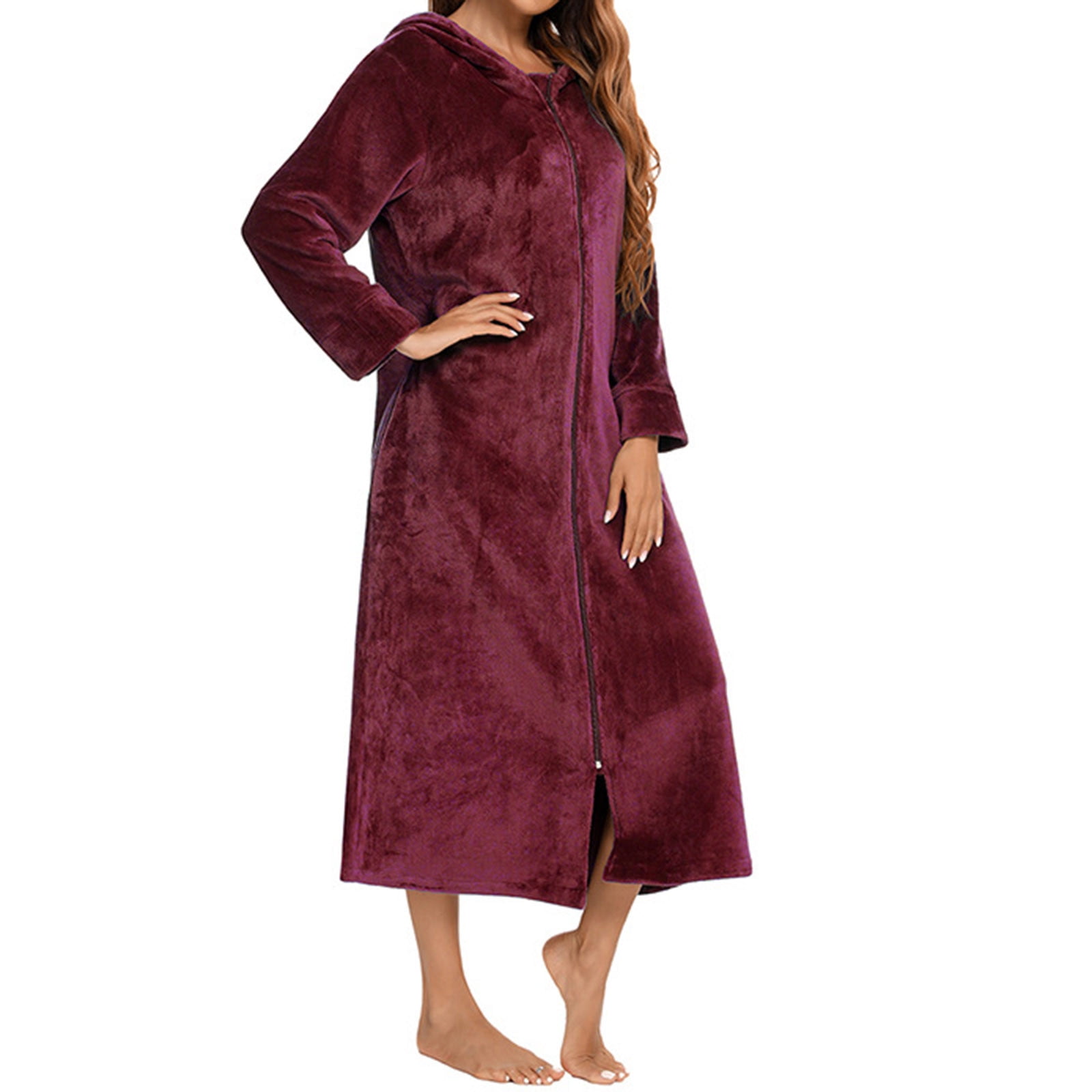 TMOYZQ Women's Full Length Hooded Fleece Bathrobe Zip Up Flannel Robes ...