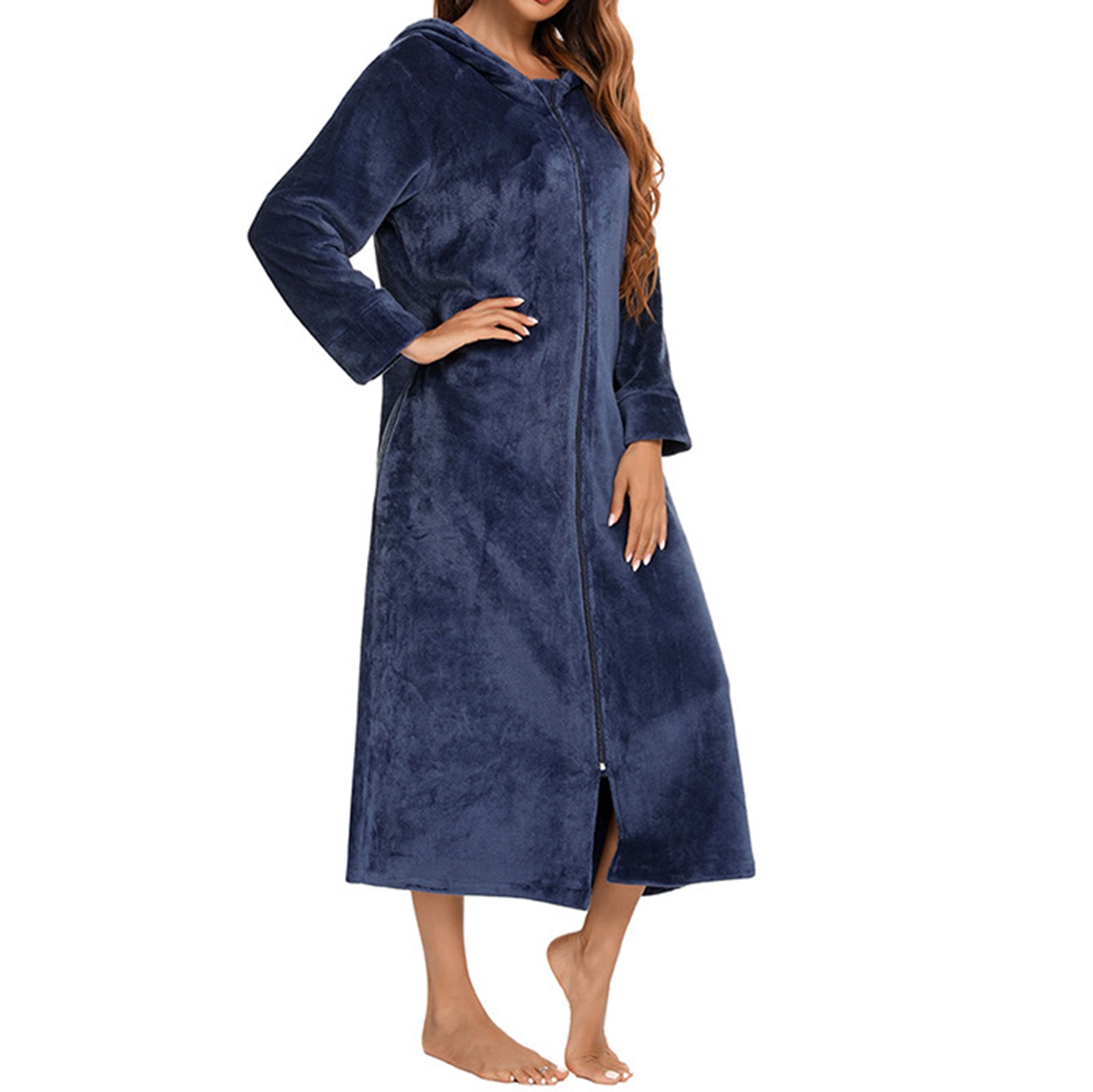 TMOYZQ Women's Full Length Hooded Fleece Bathrobe Zip Up Flannel Robes ...