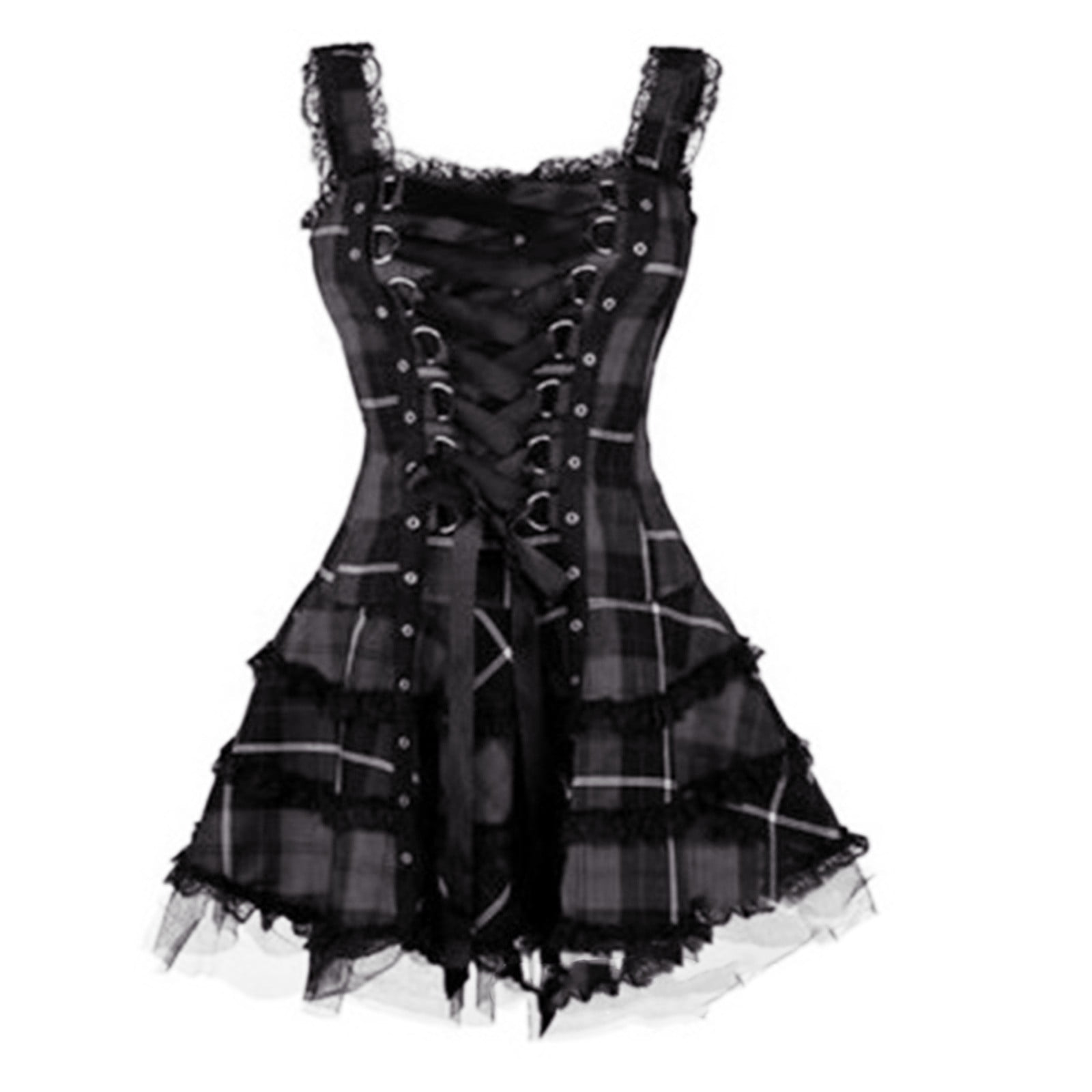 TMOYZQ Women's Lace Trim Plaid Sleeveless Lace-Up Corset A-Line Mini ...