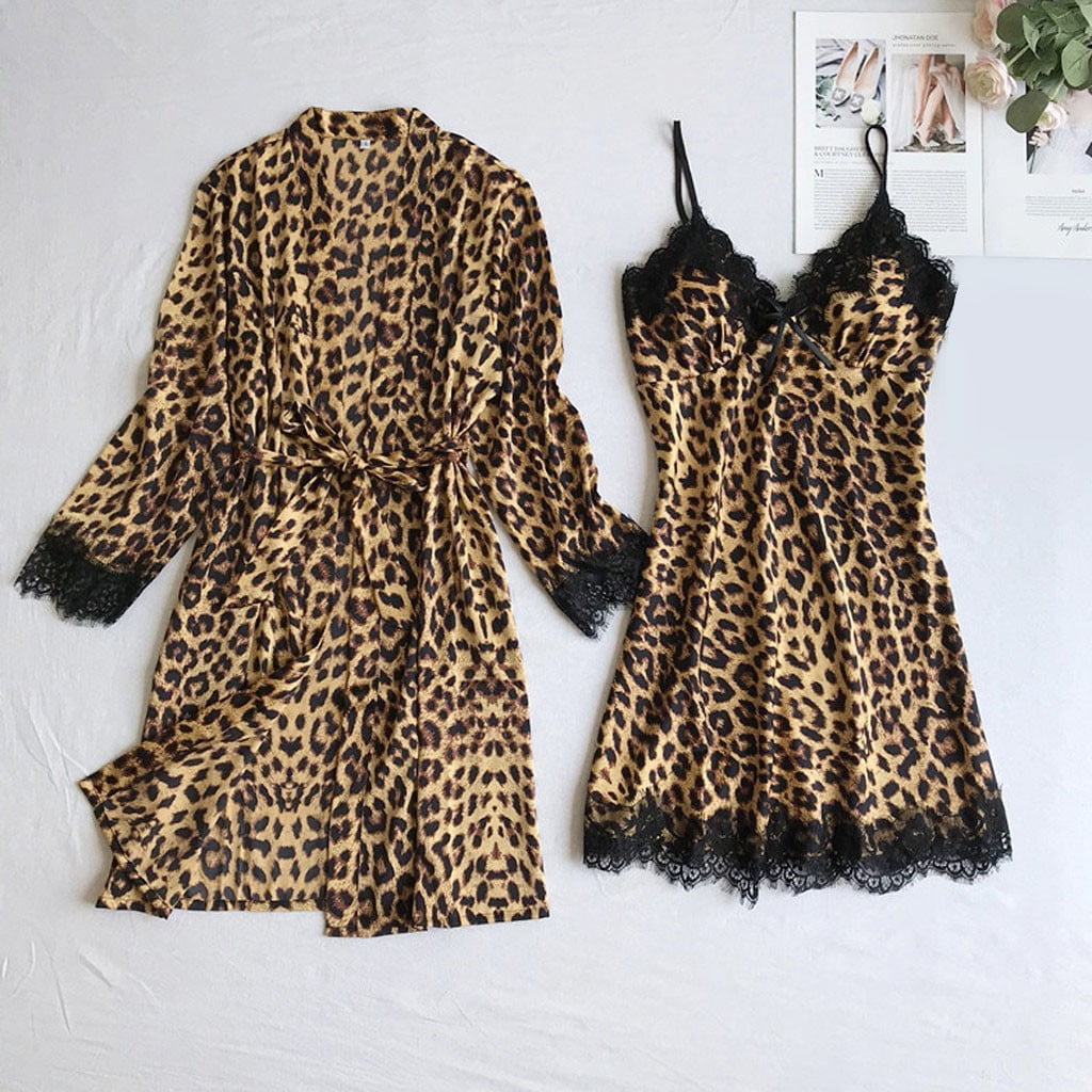 TMOYZQ Women's Leopard Print Satin Silk Pajamas Sets, Sexy V Neck Lace ...