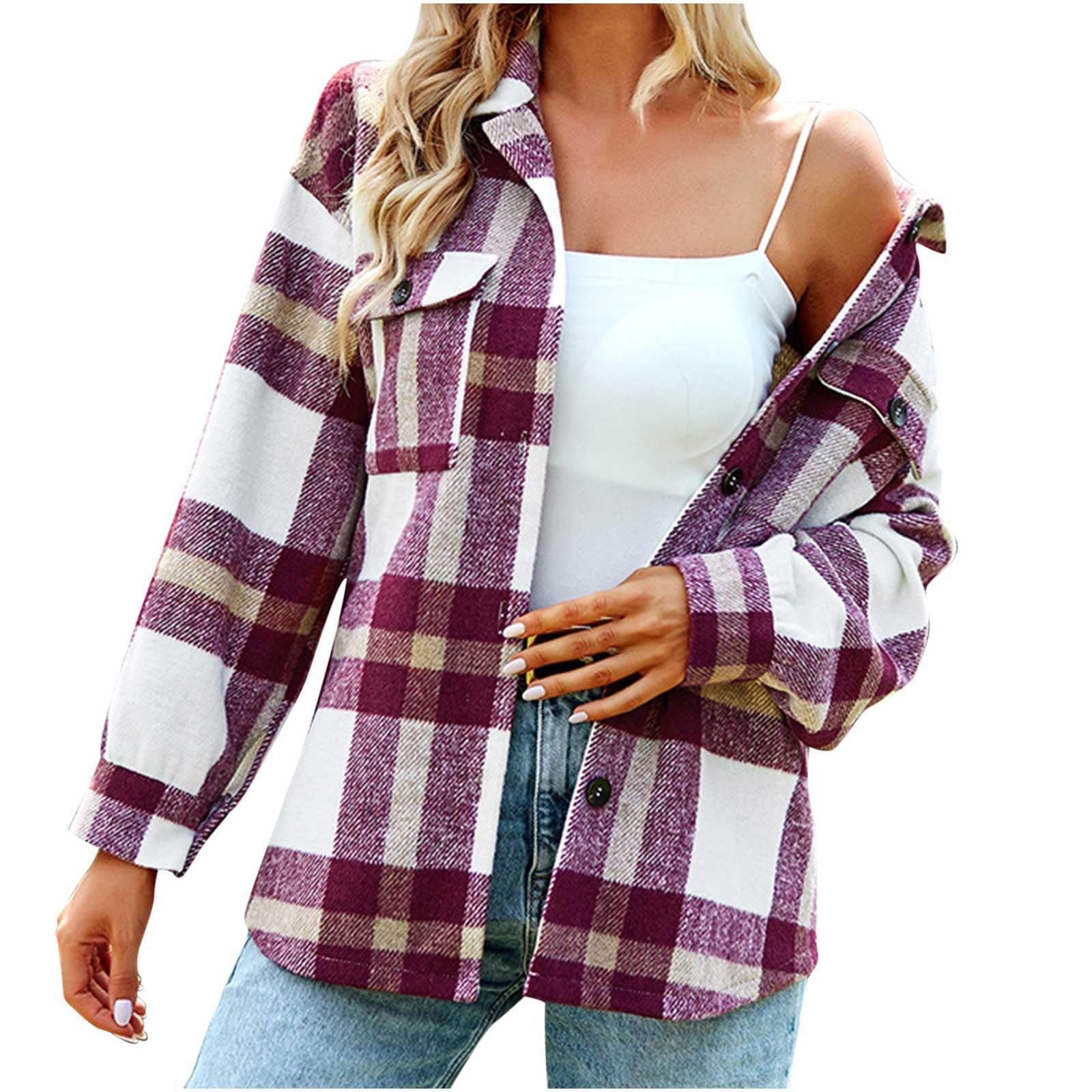 TMOYZQ Women's Oversized Flannel Plaid Shacket Jacket Casual Lapel ...