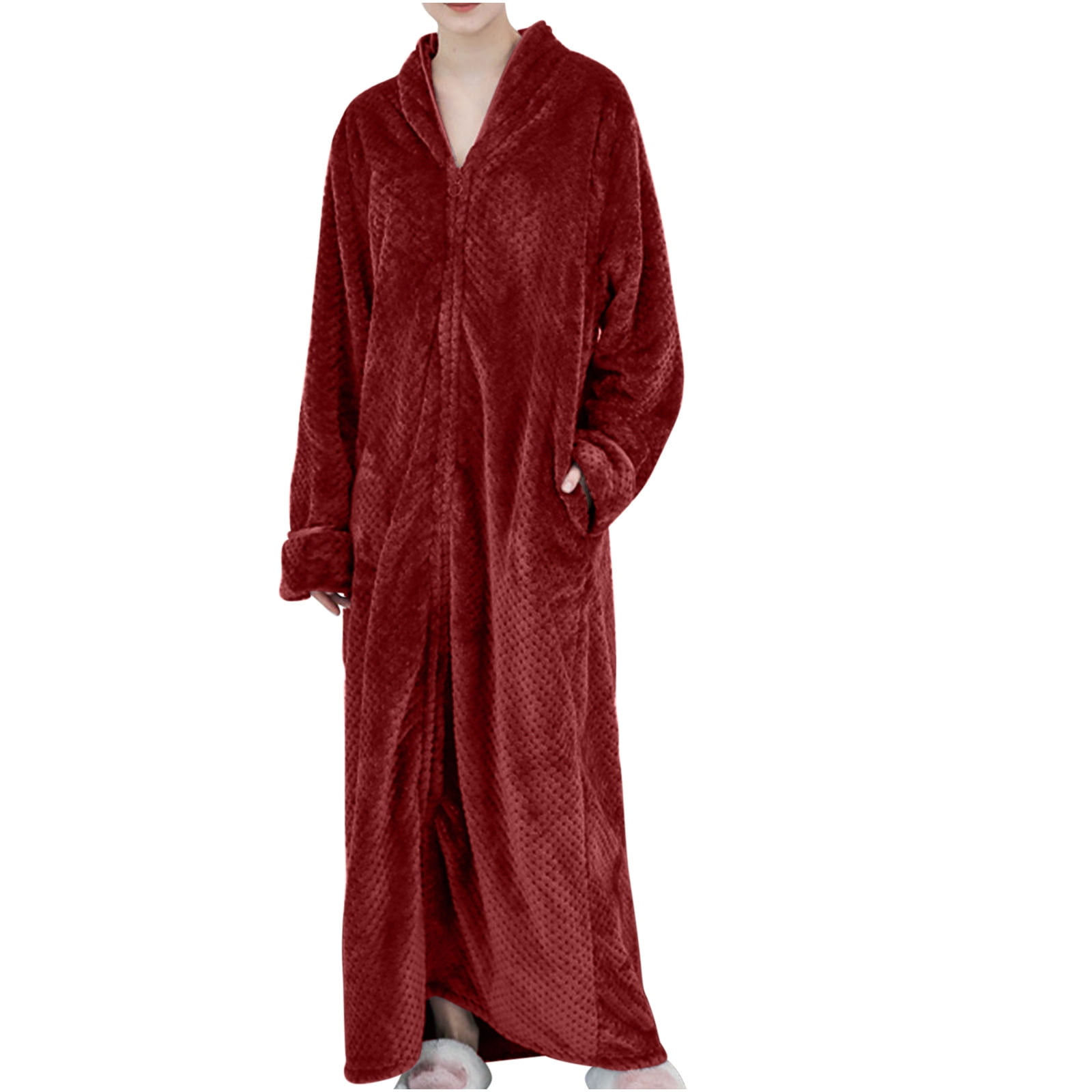 TMOYZQ Women's Oversized Fleece Bathrobe Zip Up Full-Length Soft Plush ...