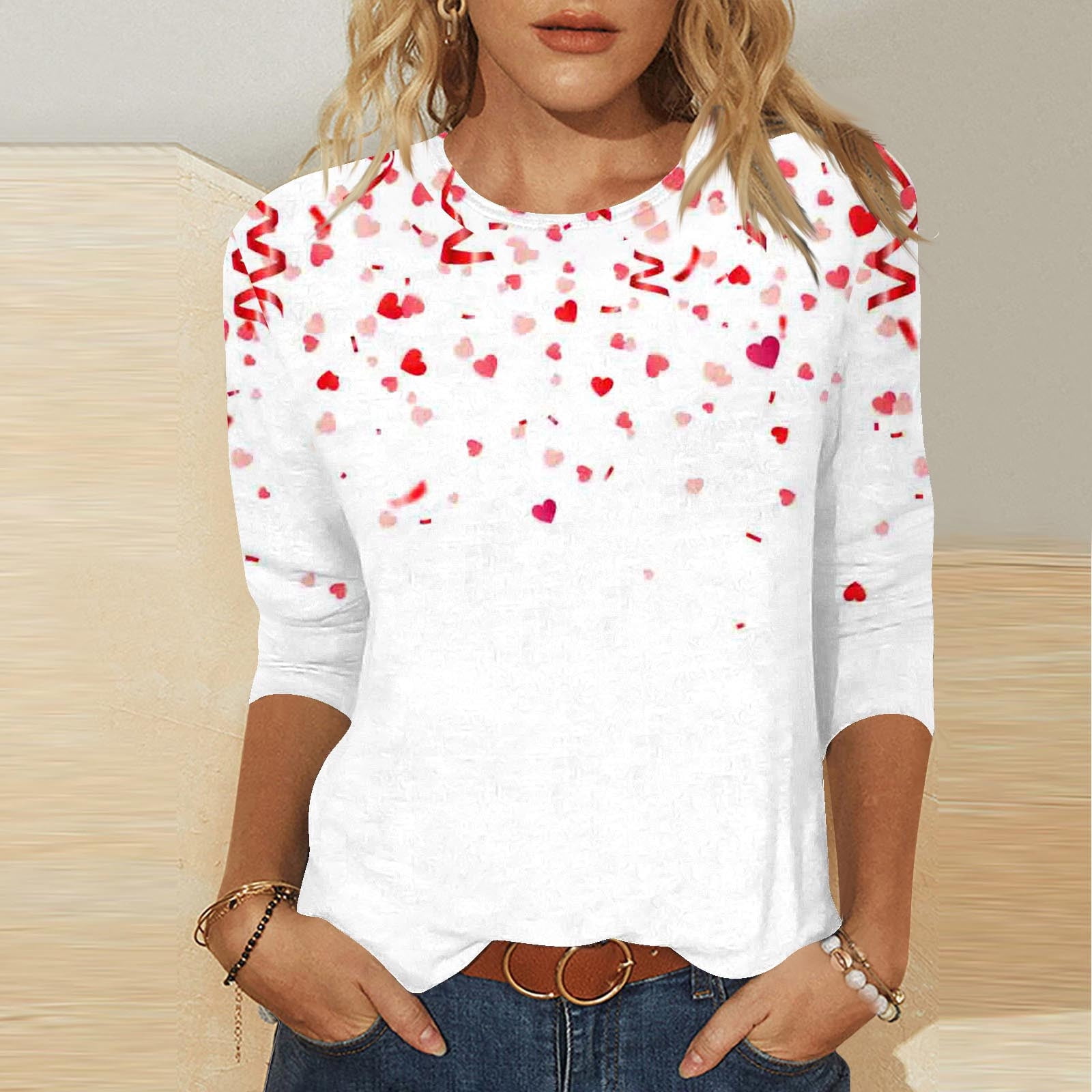 TMOYZQ Women's Plus Size Crewneck T-shirts Casual 3/4 Sleeve Love Heart Graphic Blouse Fashion ...