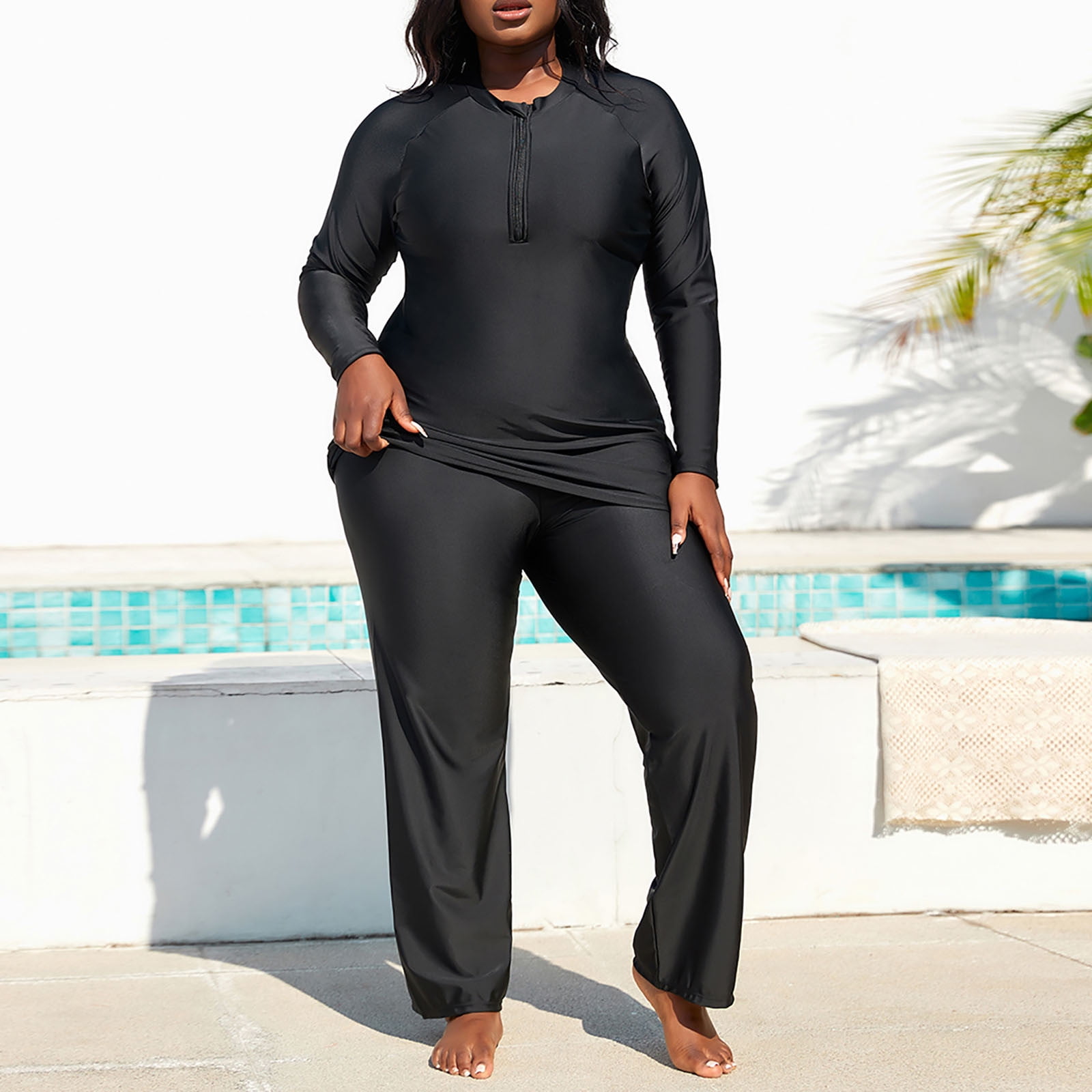 TMOYZQ Women's Plus Size Swimsuits Two Piece Long Sleeve Shirts Sun ...