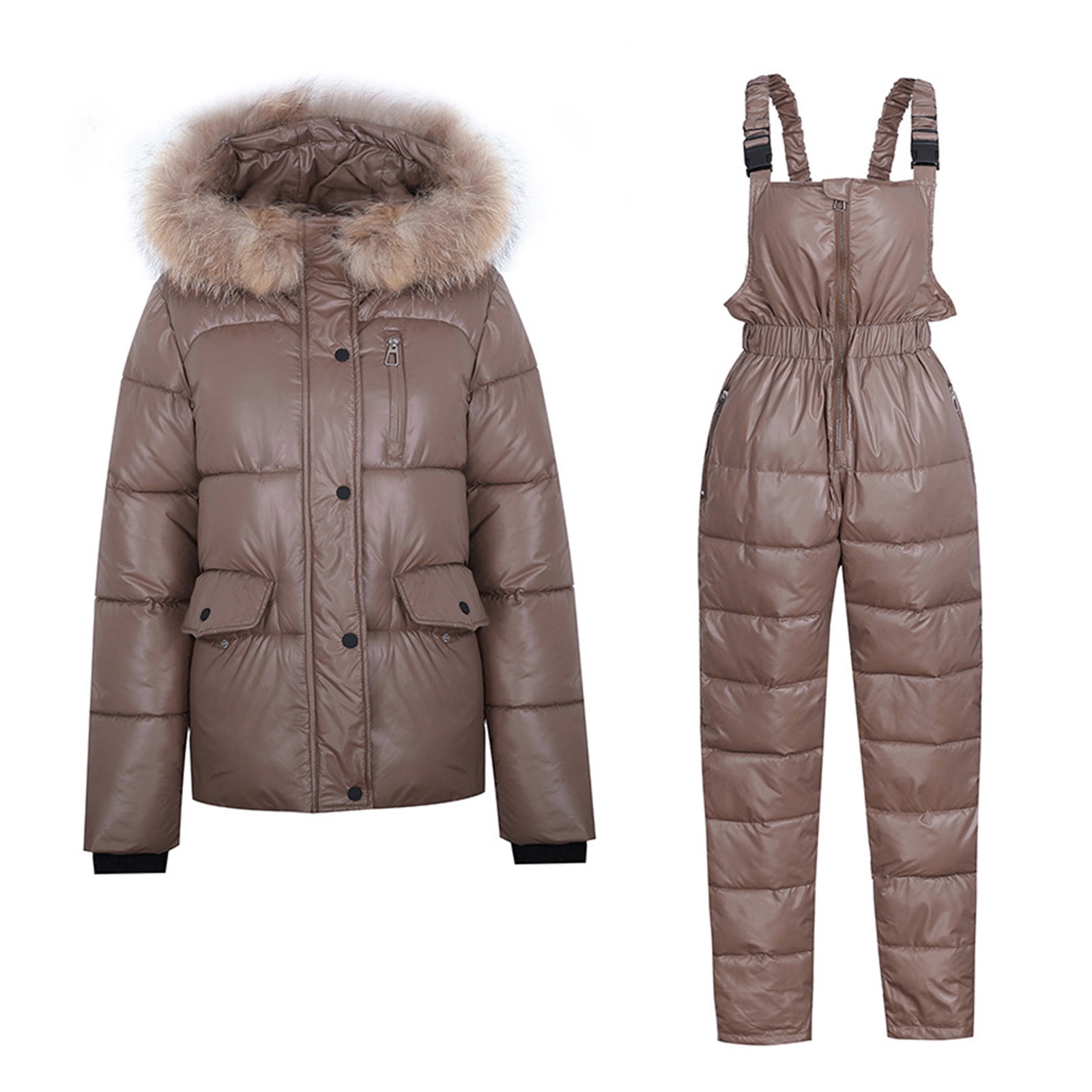 TMOYZQ Women's Puffer Ski Jackets and Overalls Jumpsuits Set 2 Piece ...