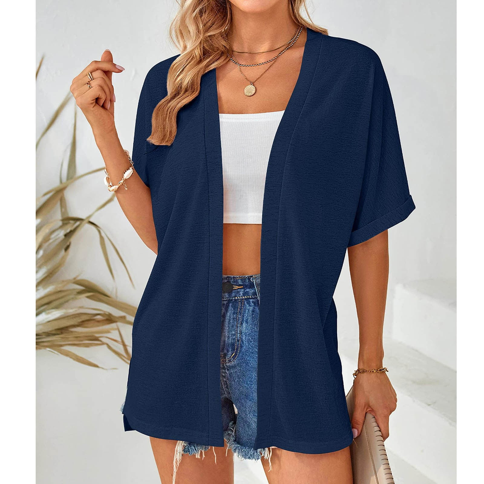 TMOYZQ Women's Rolled Short Sleeve Beach Cover Ups Lightweight Open ...
