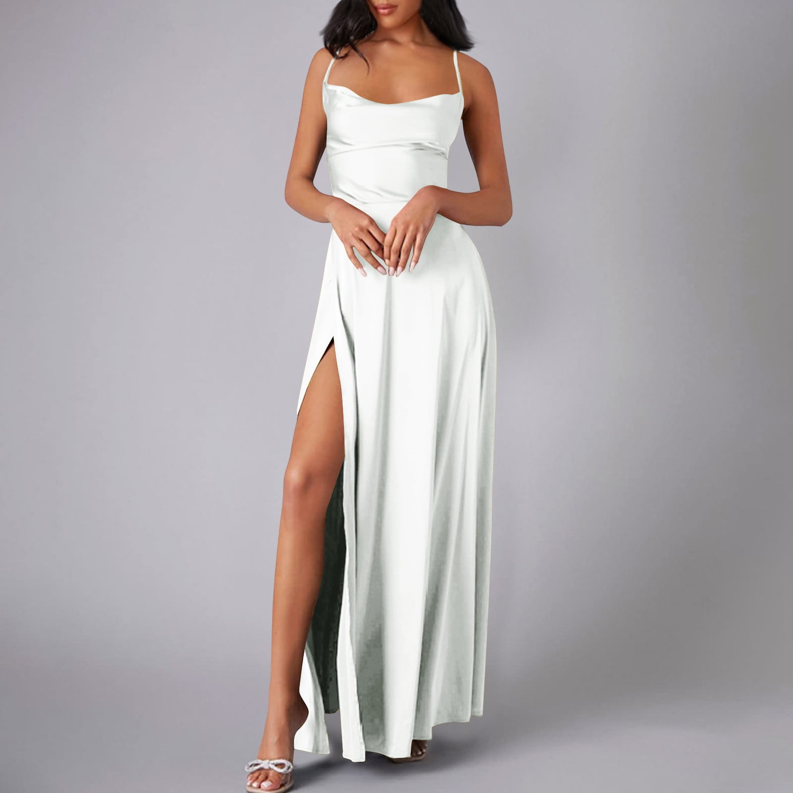 TMOYZQ Women's Satin Prom Dress with Slit Long Spaghetti Strap Cowl ...