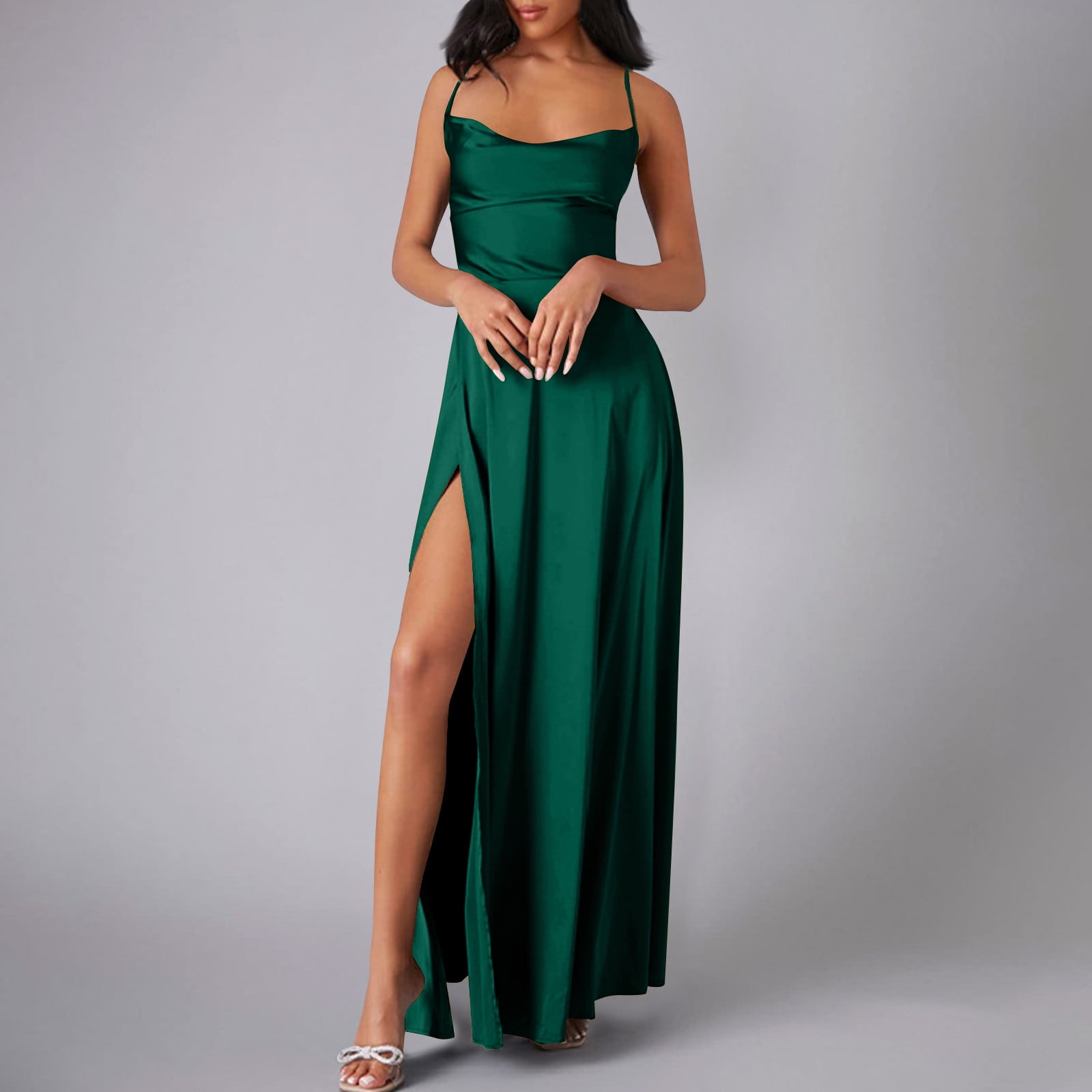 TMOYZQ Women's Satin Prom Dress with Slit Long Spaghetti Strap Cowl ...