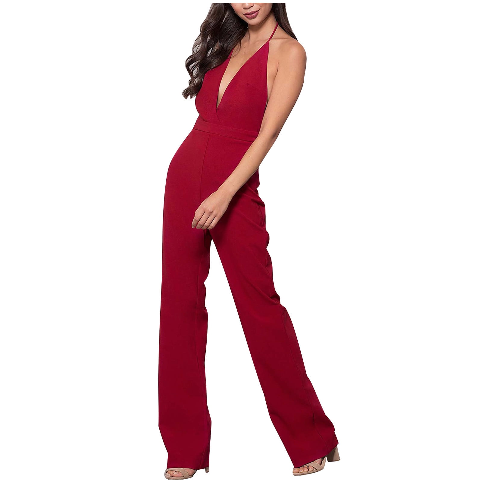 Tmoyzq Womens Sexy Halter Sleeveless Backless One Piece Jumpsuits Dressy Casual Deep V Neck