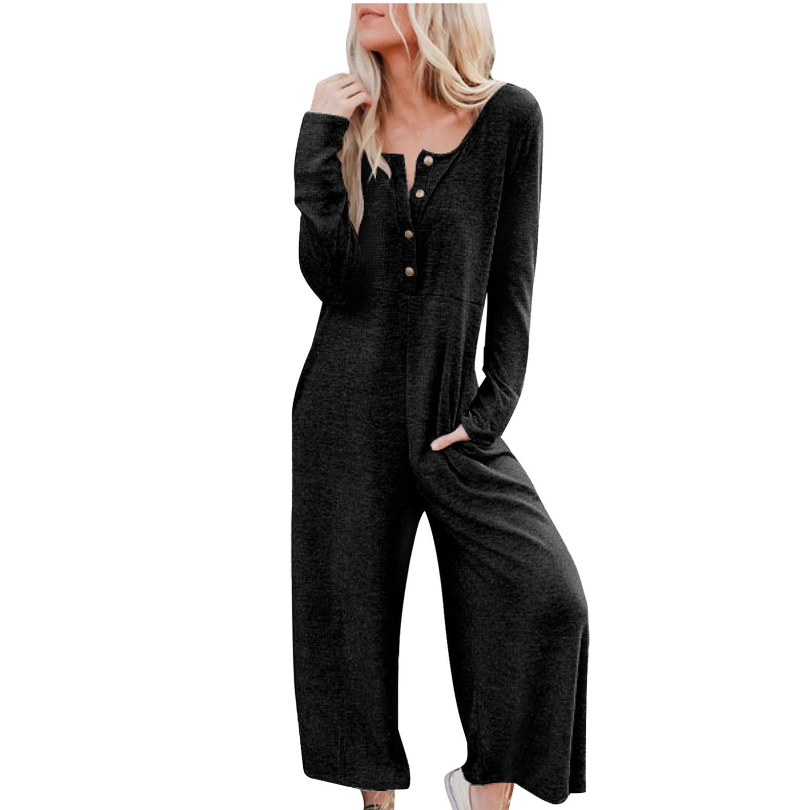 TMOYZQ Women's Waffle Knit Long Sleeve Buttons Onesie Pajama Jumpsuits ...