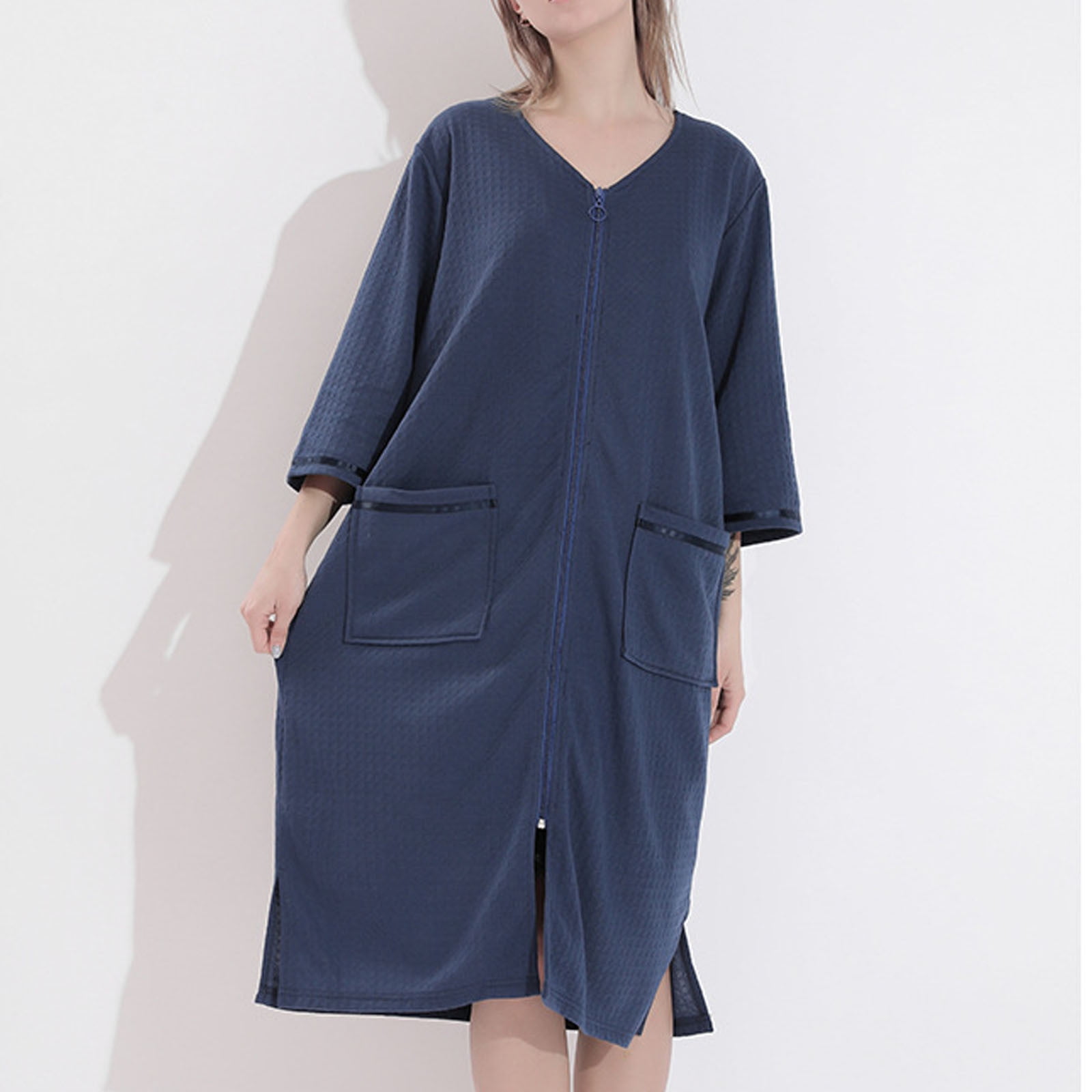 TMOYZQ Women's Zipper Front V Neck Waffle Robes 3/4 Sleeve Zip Up Soft ...