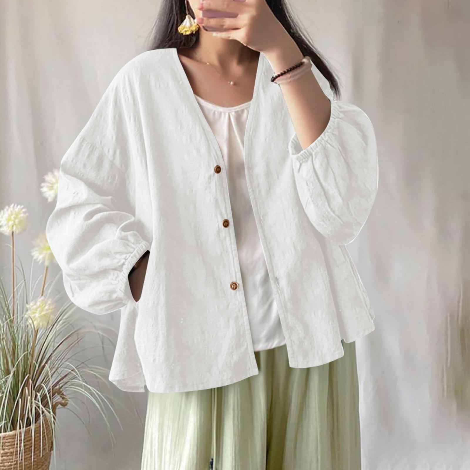 TMOYZQ Womens Cardigan Oversized Cotton Linen Blazer Casual Long Sleeve ...