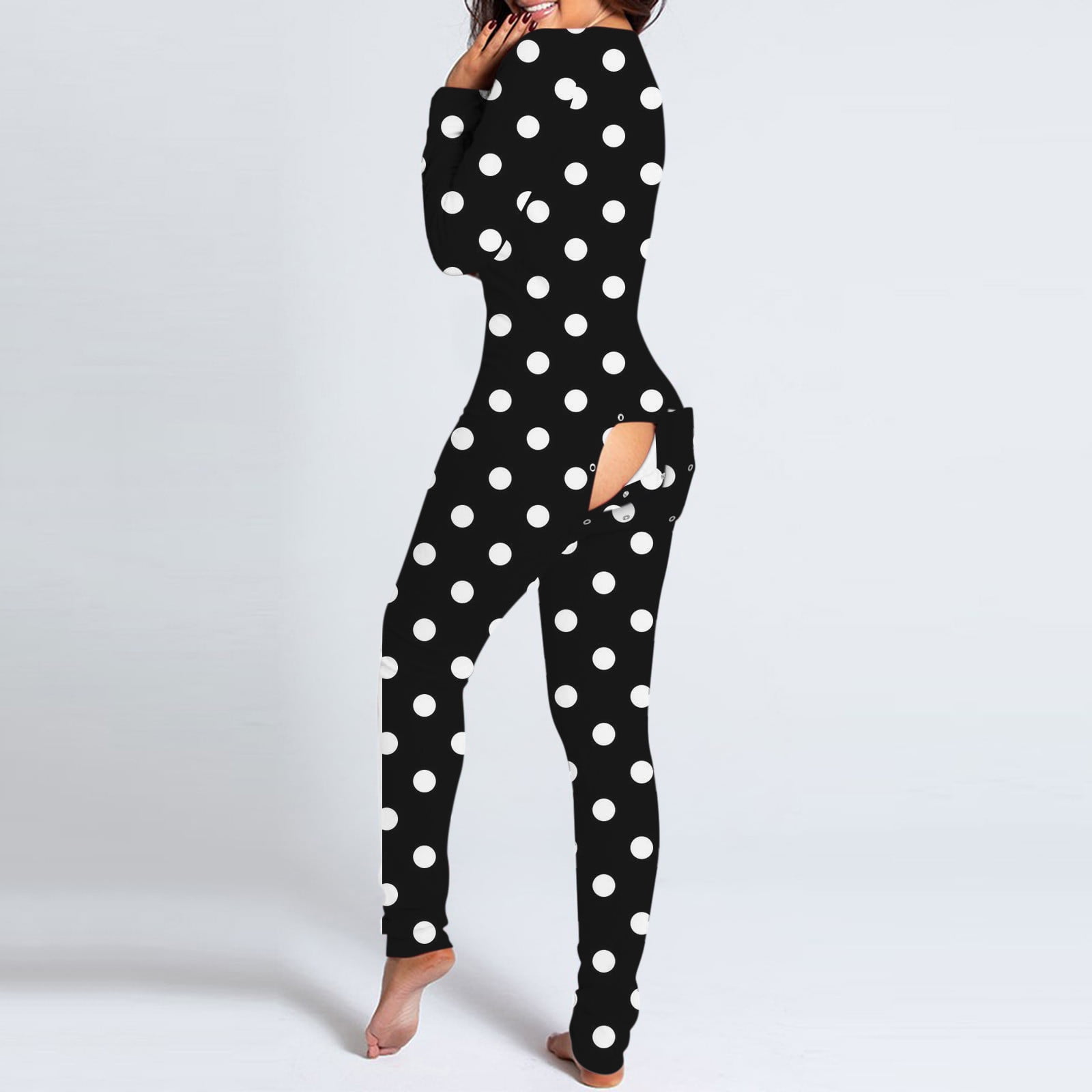 Tmoyzq Womens Sexy Print Onesies Butt Flap Pajamas Ladies Deep V Neck