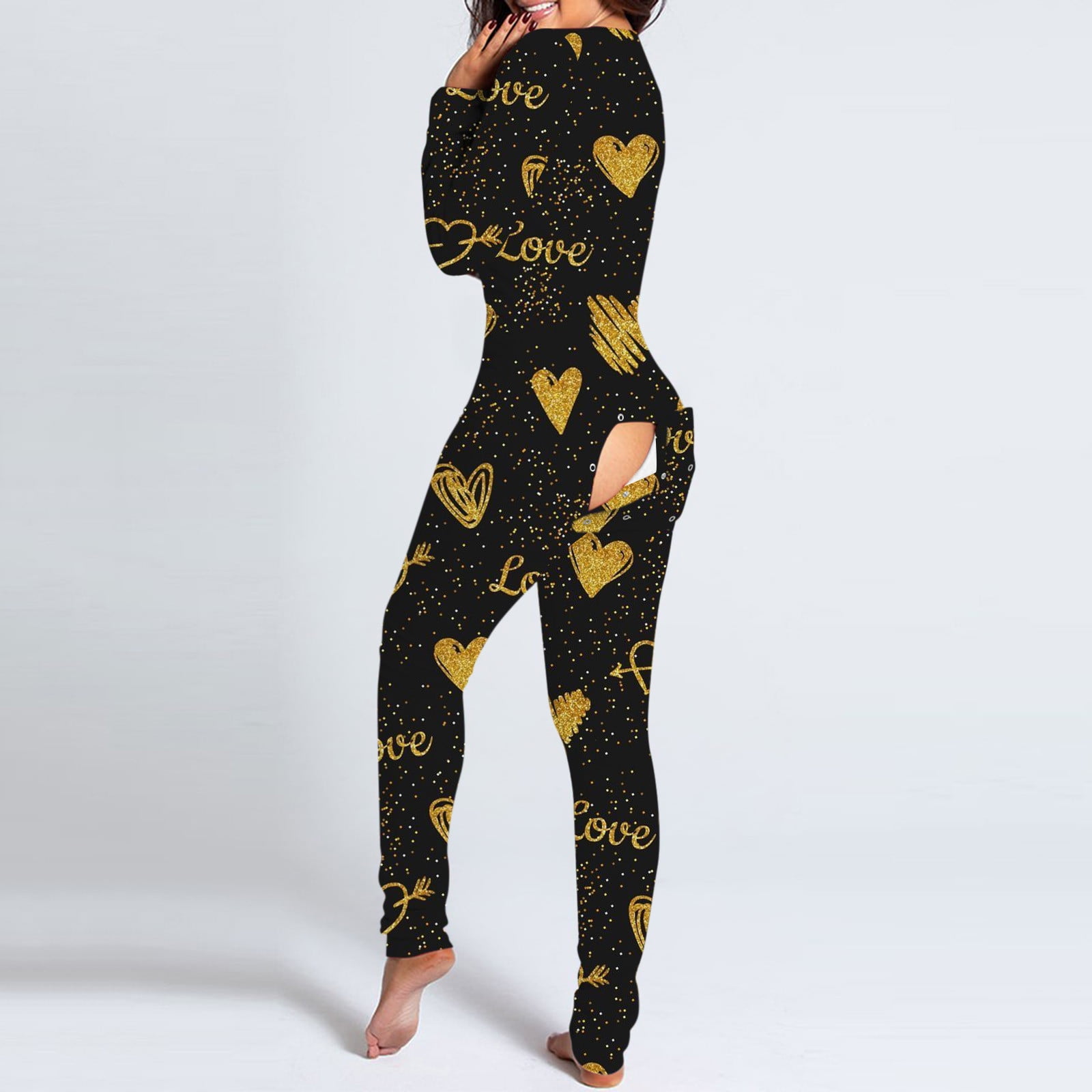 Tmoyzq Womens Sexy Print Onesies Butt Flap Pajamas Ladies Deep V Neck