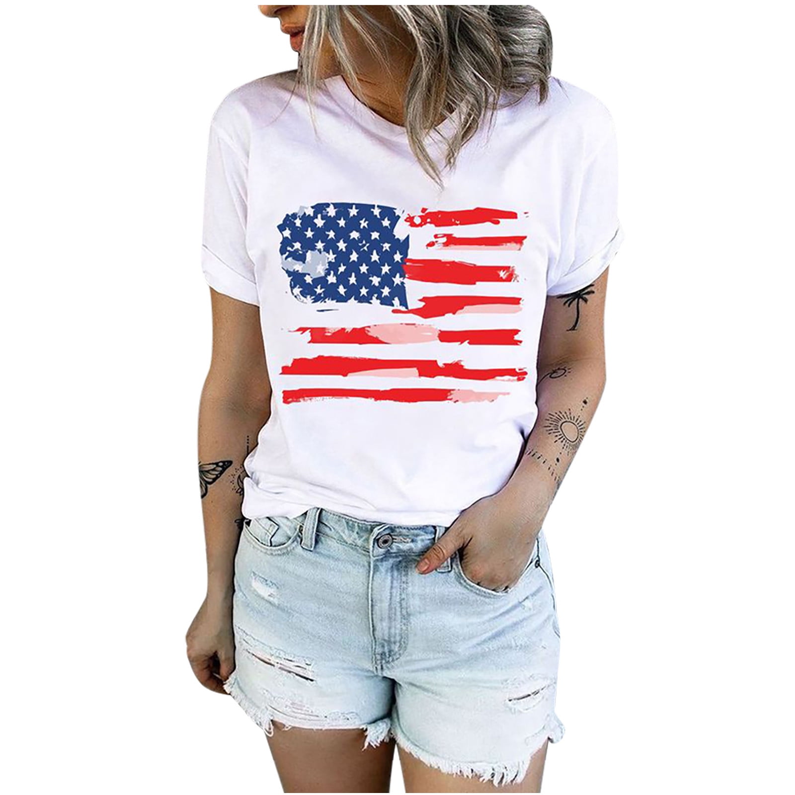 TMOYZQ Womens USA Flag Basic Graphic Tees 4th of July Short Sleeve ...