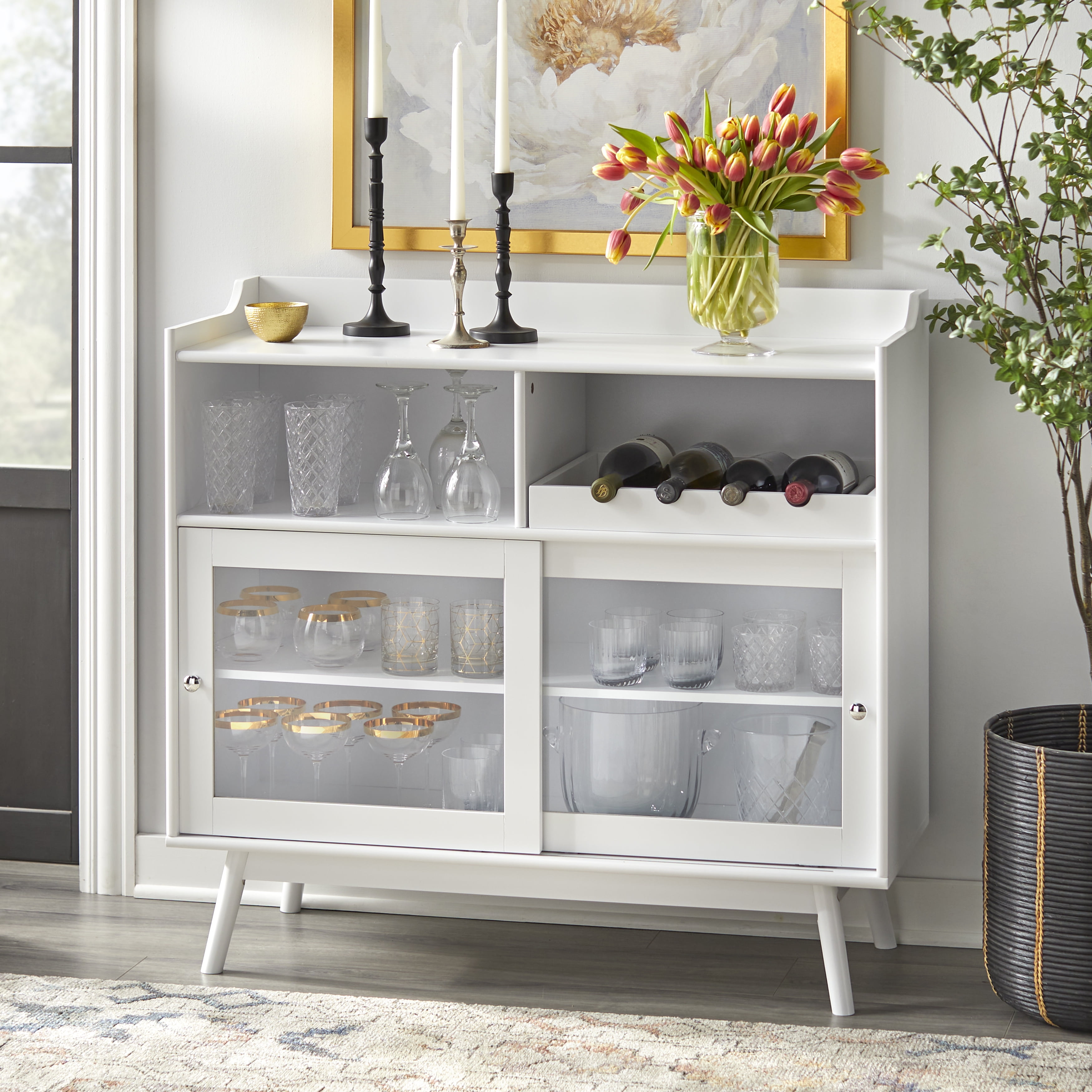 TMS Altura Bar Cabinet with Sliding Doors and Wine Rack, White, Solid ...