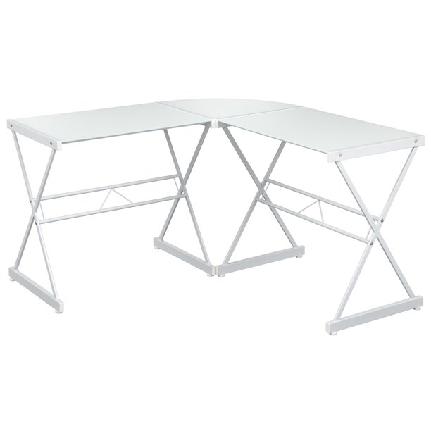 TMS Atrium L Shape Adult Computer Desk with Metal Frame & Opaque White ...