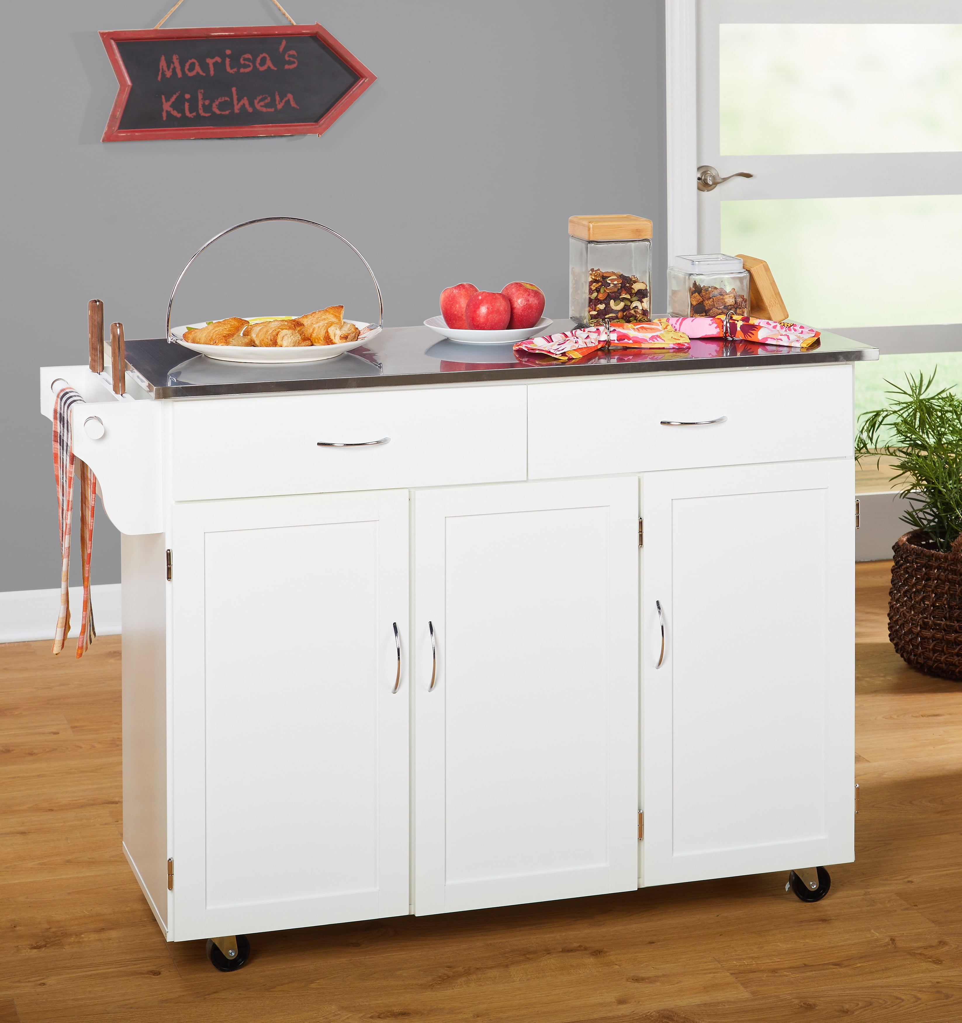 TMS Rolling Kitchen Cart - Stainless Steel Top, Cabinets, Drawers ...