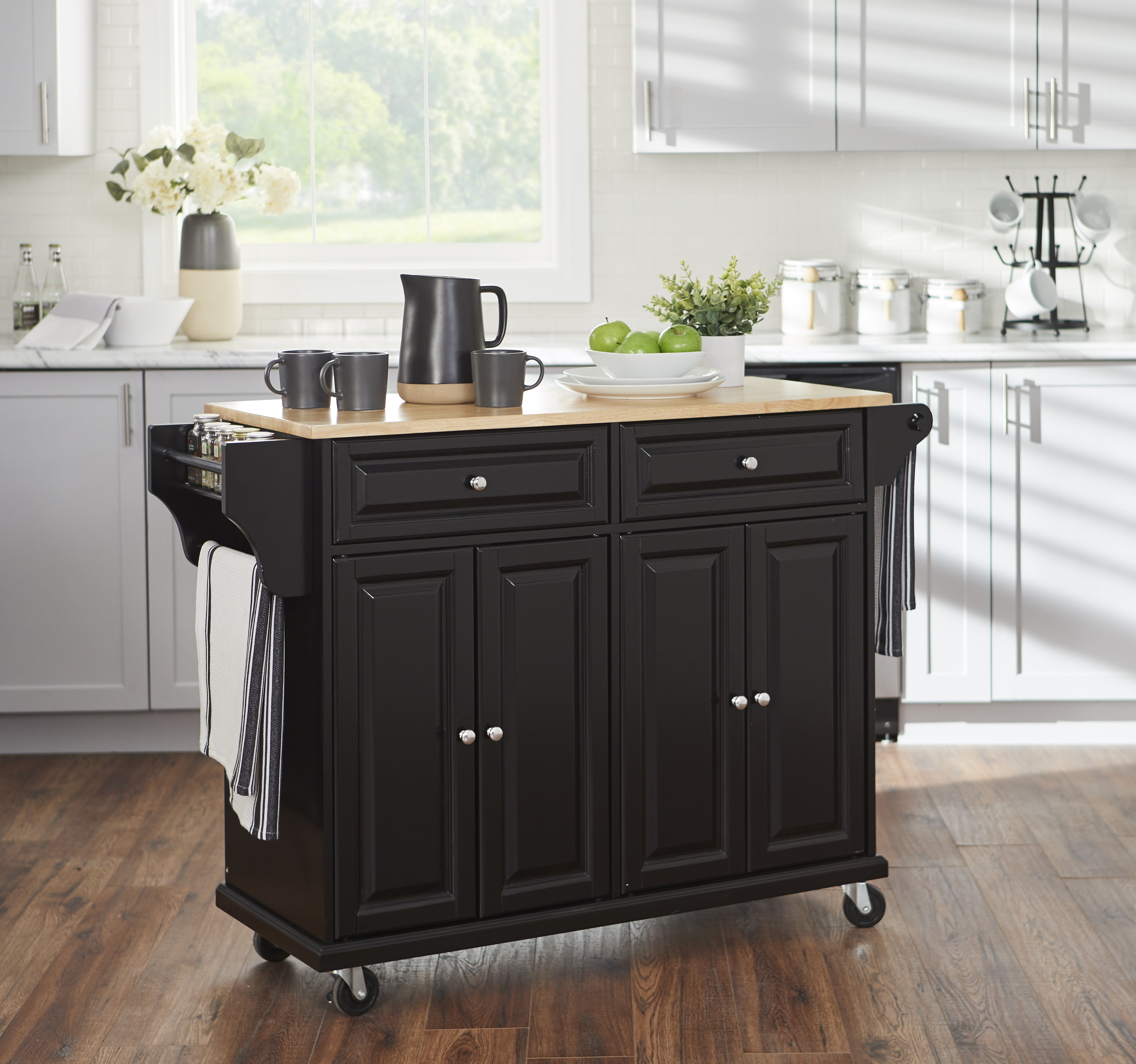 TMS Georgia Butcher Block Rolling Kitchen Island with Drawers, Shelves ...