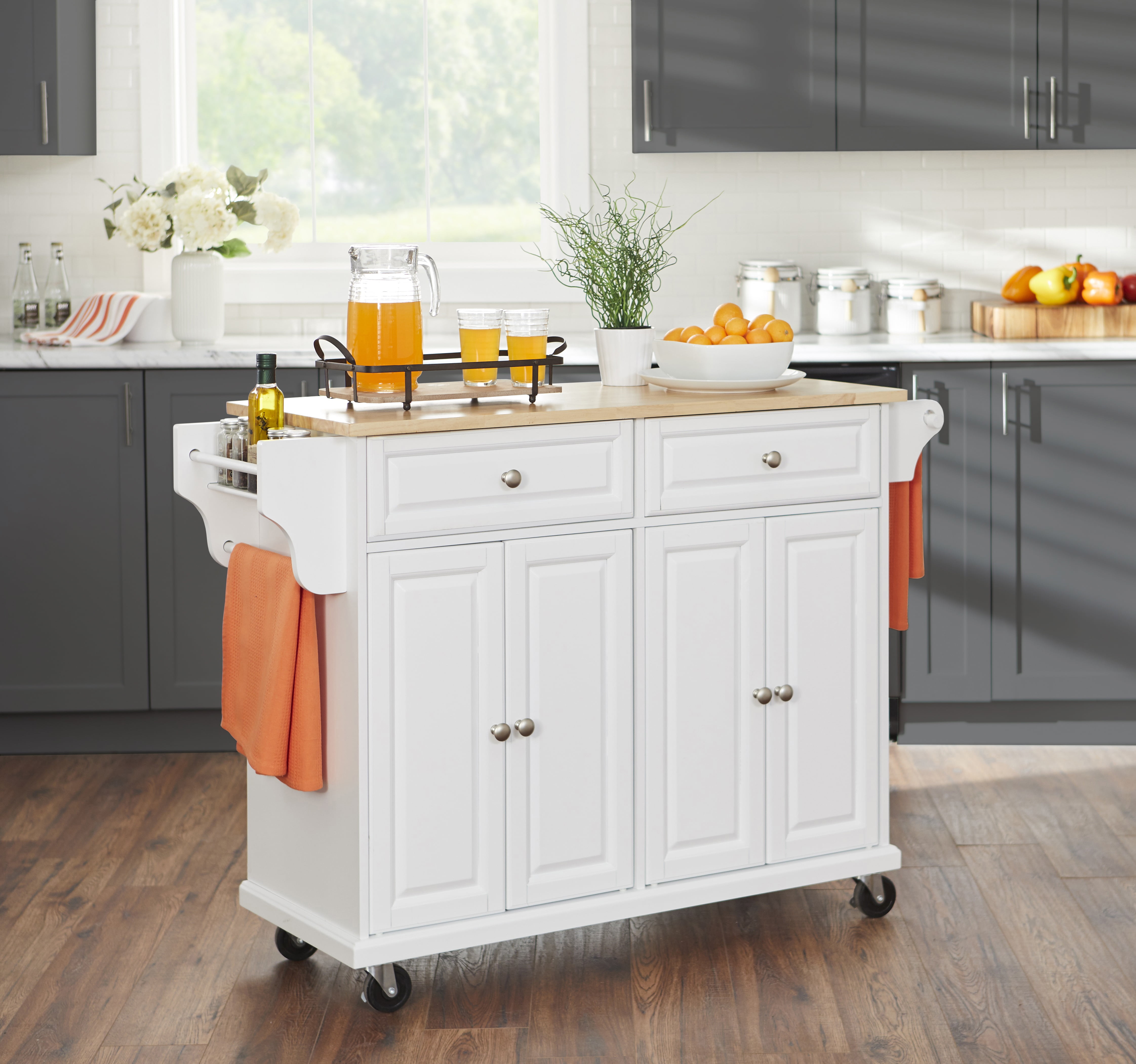 TMS Georgia Butcher Block Rolling Kitchen Island with Drawers, Shelves ...