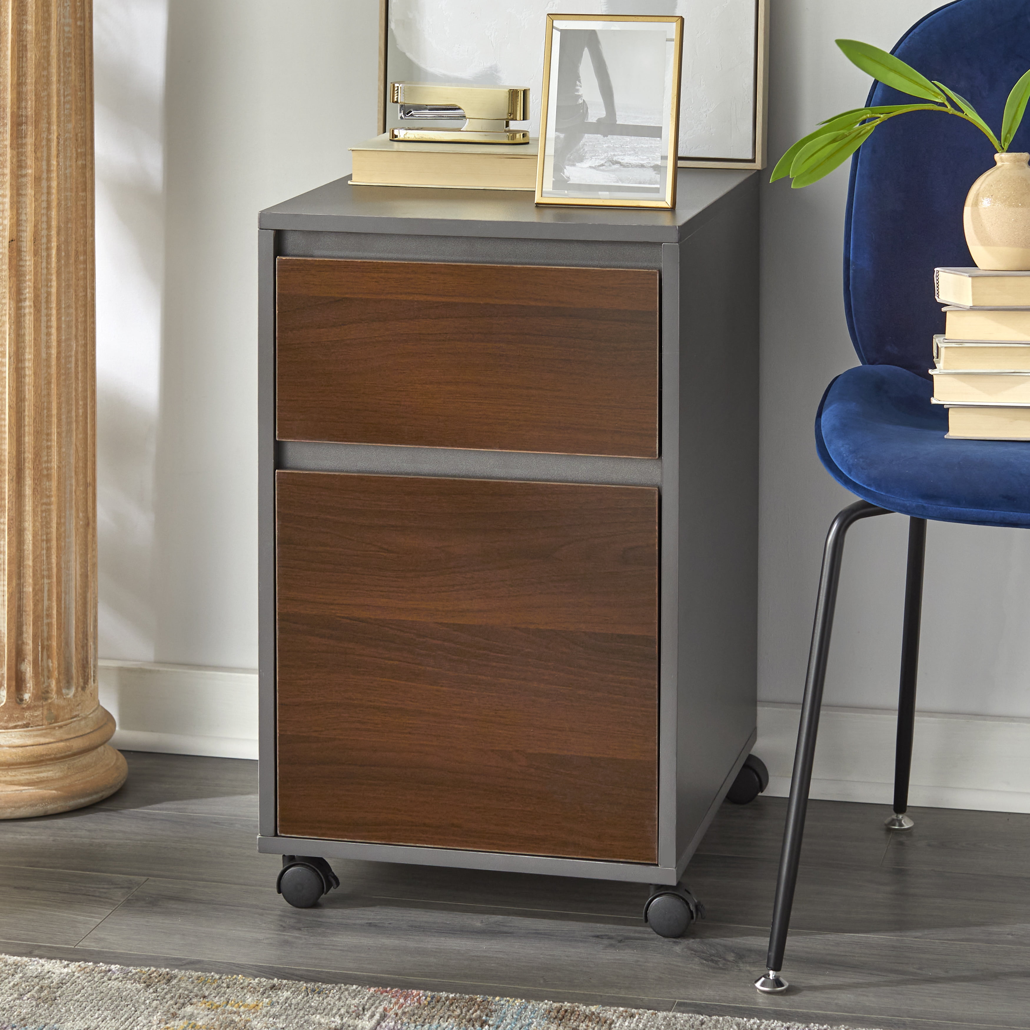 TMS Harlee 2 Drawer Rolling File Cabinet, Gray/Walnut - Walmart.com