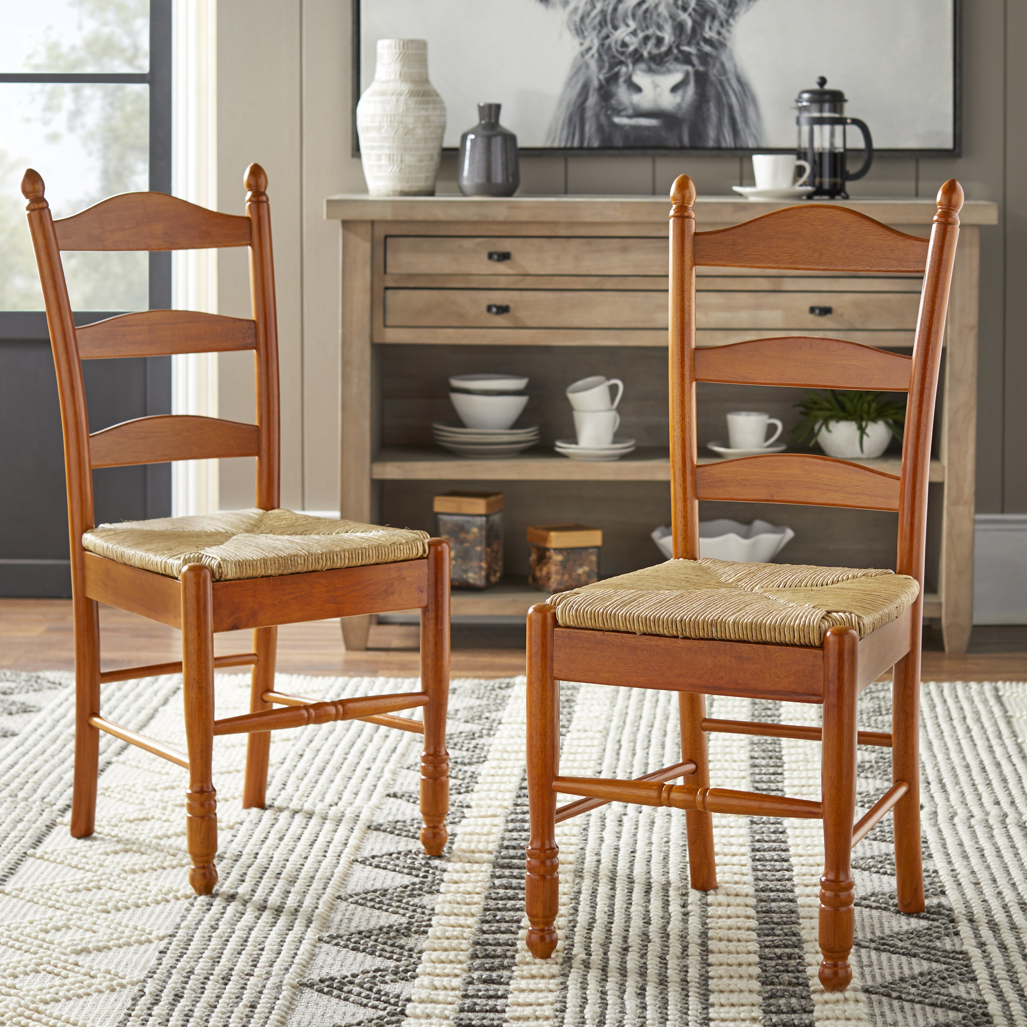 TMS Solid Wood Indoor Ladder Back Dining Chairs with Rush Seat, Set of ...