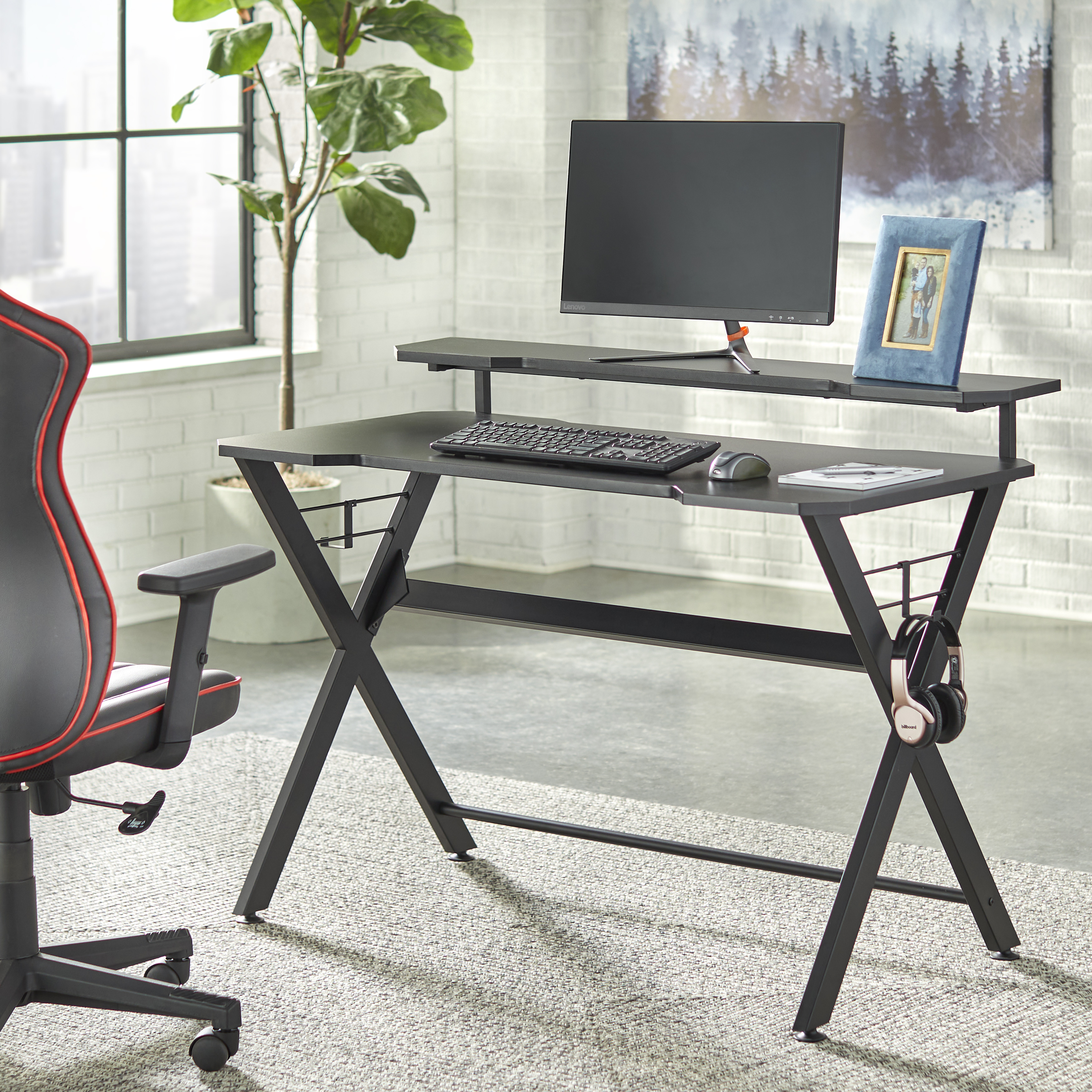 TMS Katay Computer Desk Workstation with Shelf and Metal Leg, Black ...