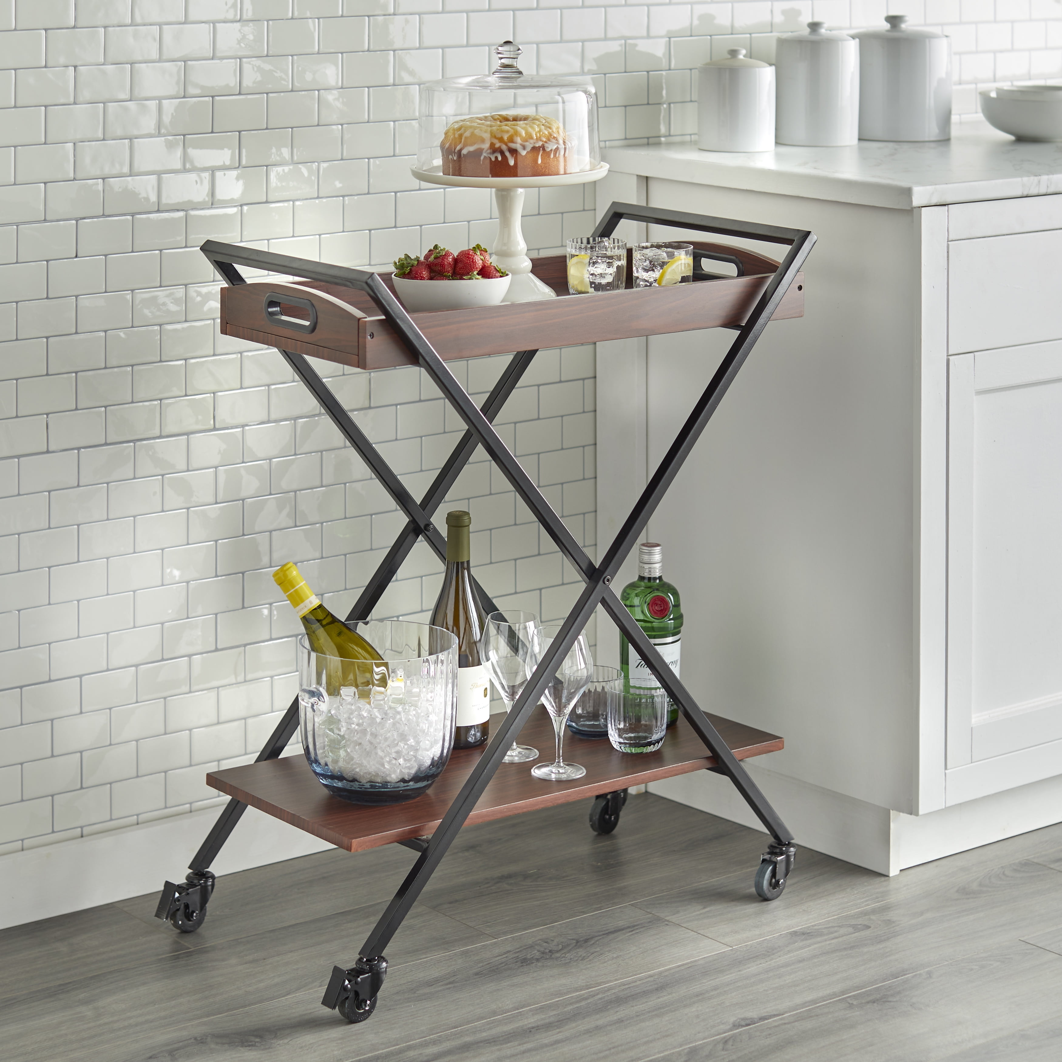 TMS Lester 2-Tier Bar Cart with Locking Wheels, Black/Walnut, Small ...